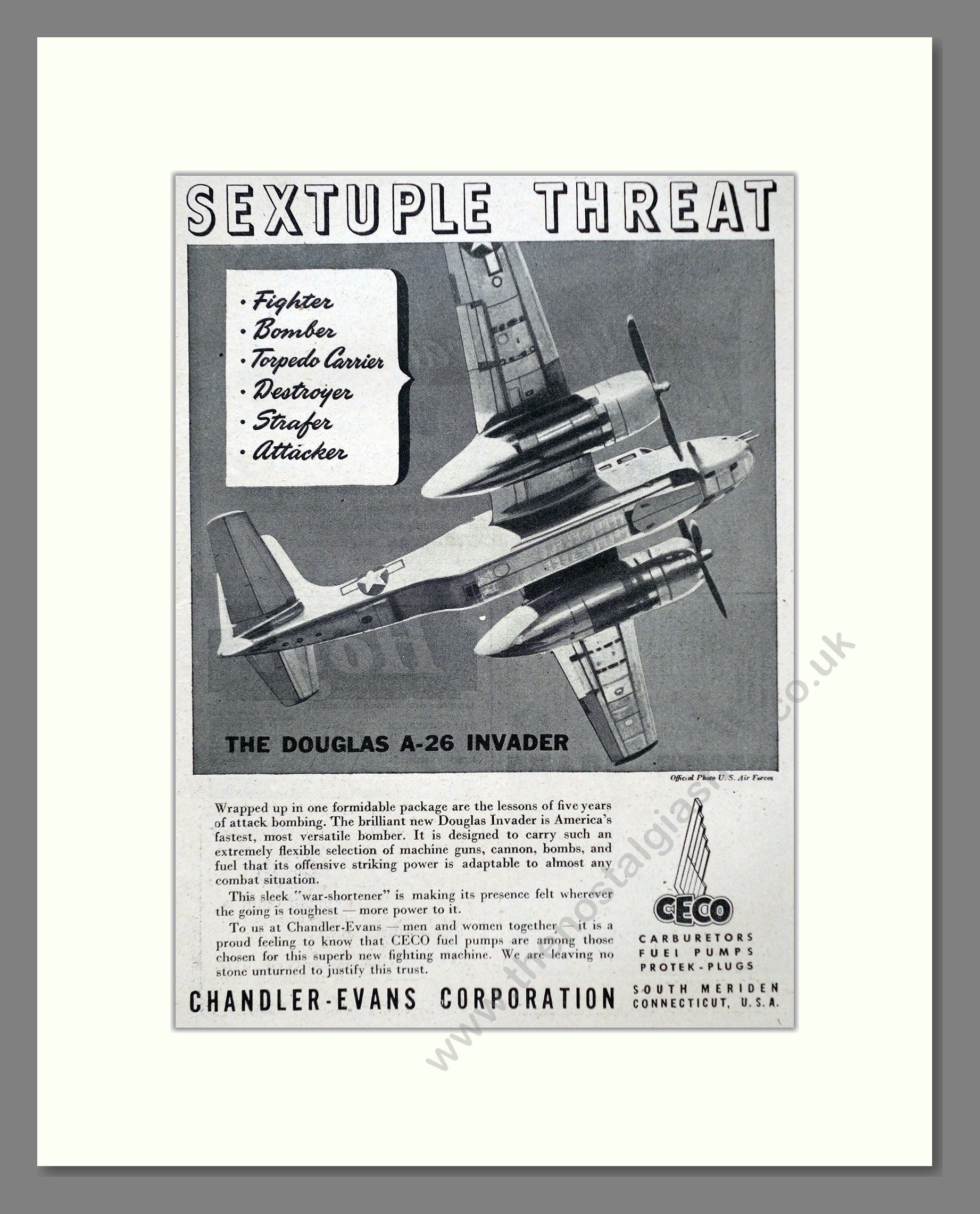 Chandler-Evans Corporation - Douglas A-26 Invader. Vintage Advert 1945 – The Nostalgia Shop