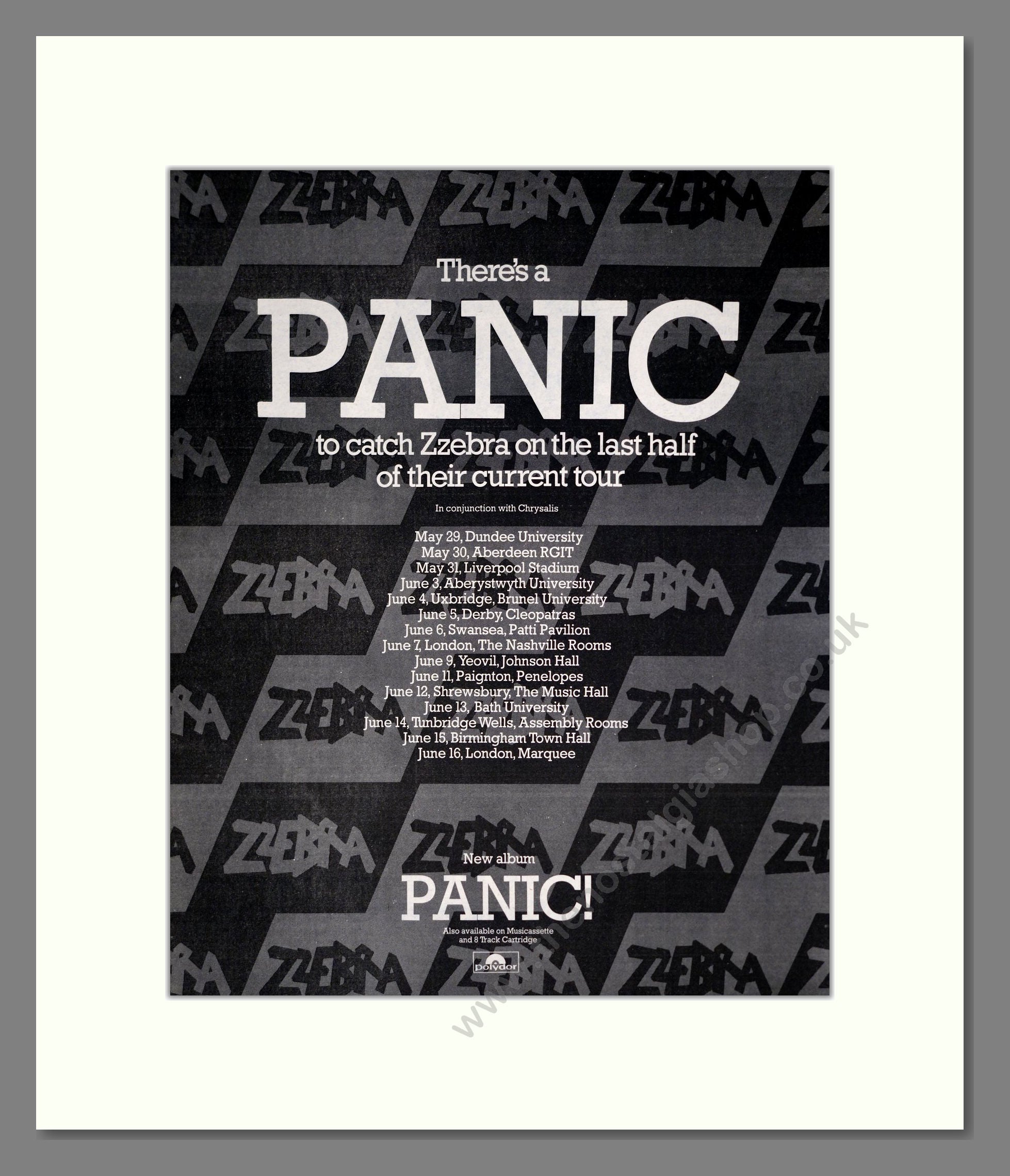 Zebra - Panic / UK Tour. Vintage Advert 1975 (ref AD20515) – The Nostalgia Shop
