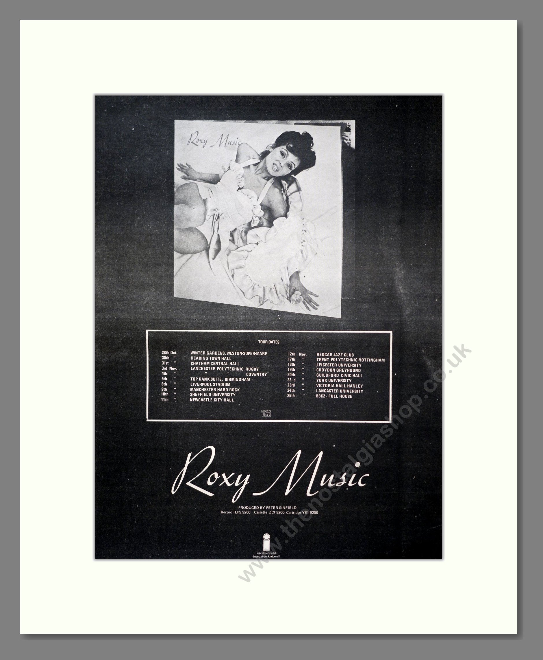Roxy Music - UK Tour. Vintage Advert 1972 (ref AD20660) – The Nostalgia Shop
