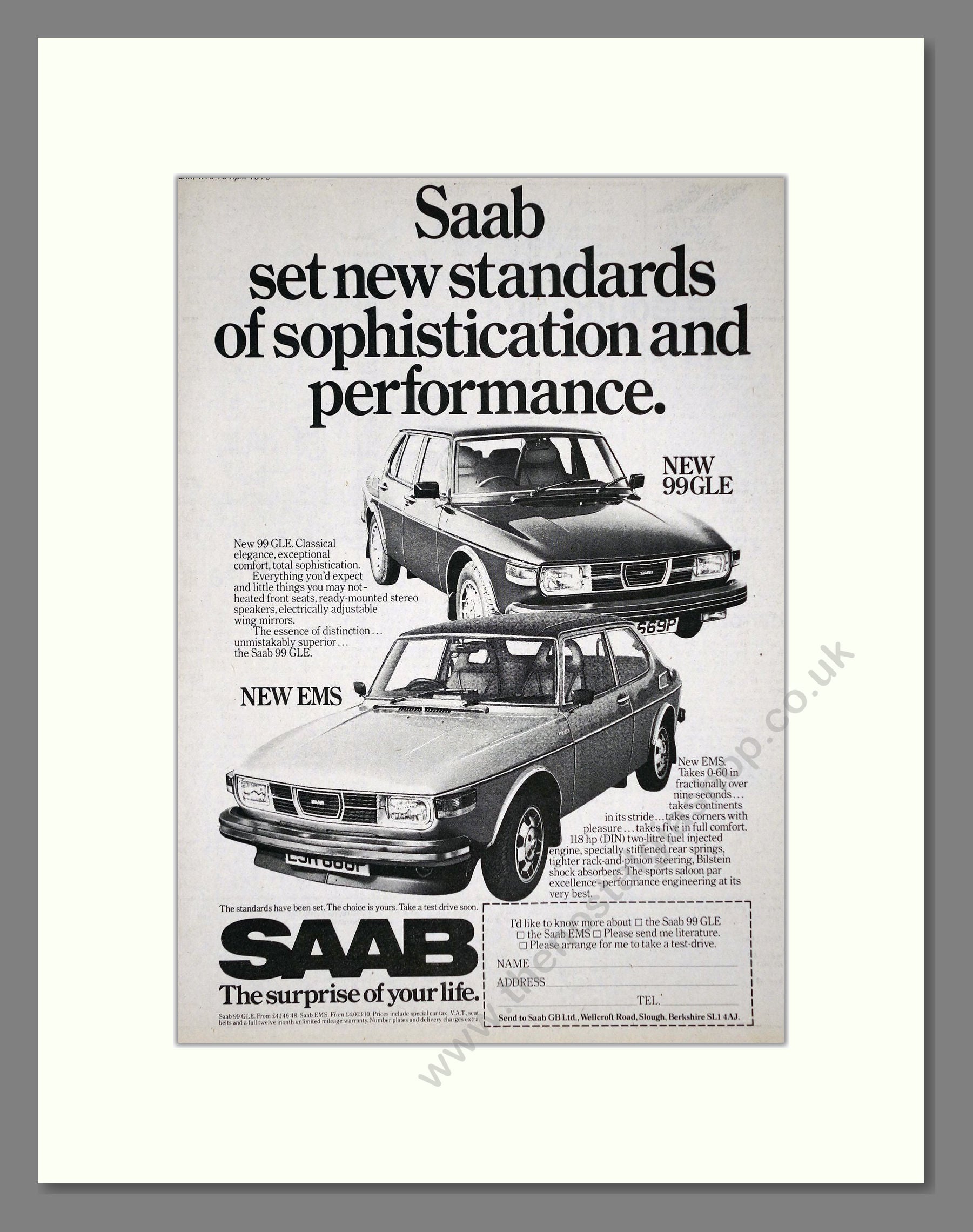 Saab - 99GLE / EMS. Vintage Advert 1976 (ref AD64150) – The Nostalgia Shop