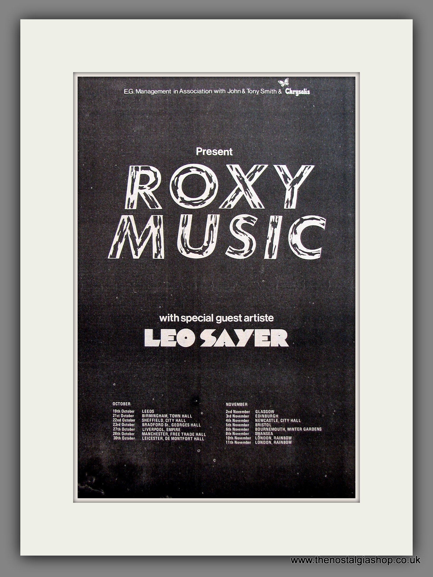 Roxy Music. UK Tour with Leo Sayer. Vintage Advert 1973 (ref AD13918) – The Nostalgia Shop