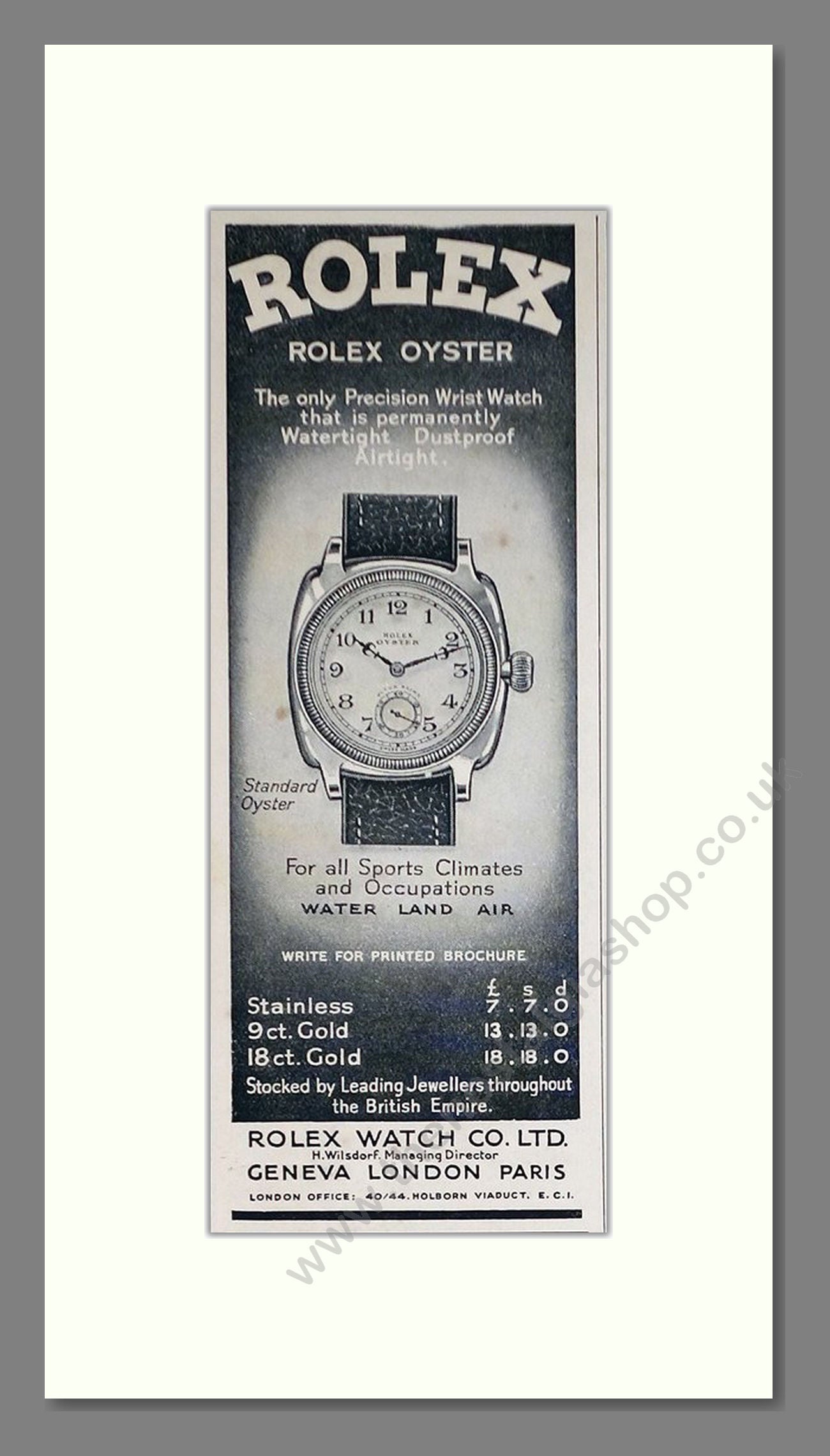Rolex Oyster. Original Advert 1935 (ref AD63155) – The Nostalgia Shop