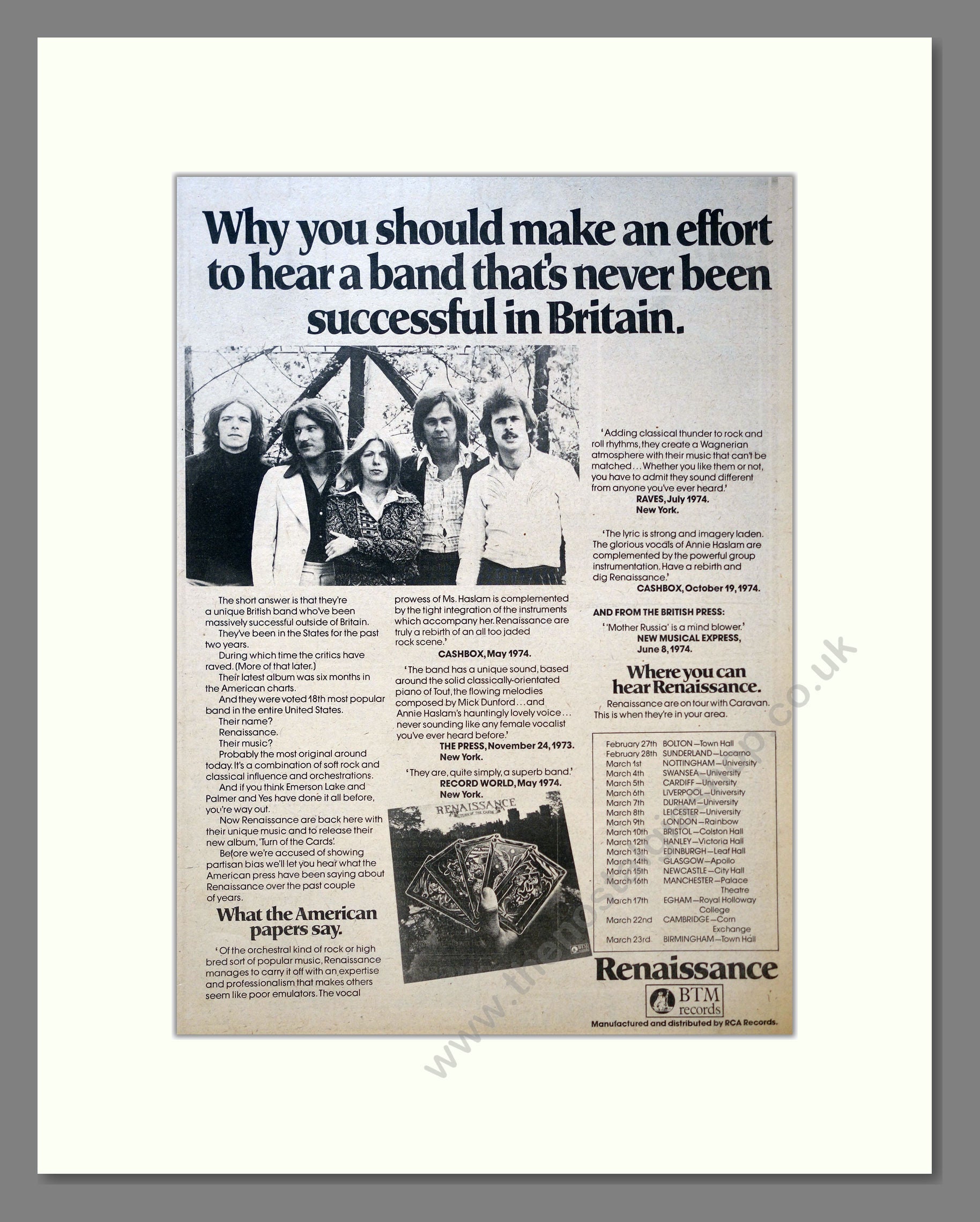 Renaissance - UK Tour. Vintage Advert 1975 (ref AD18167) – The ...