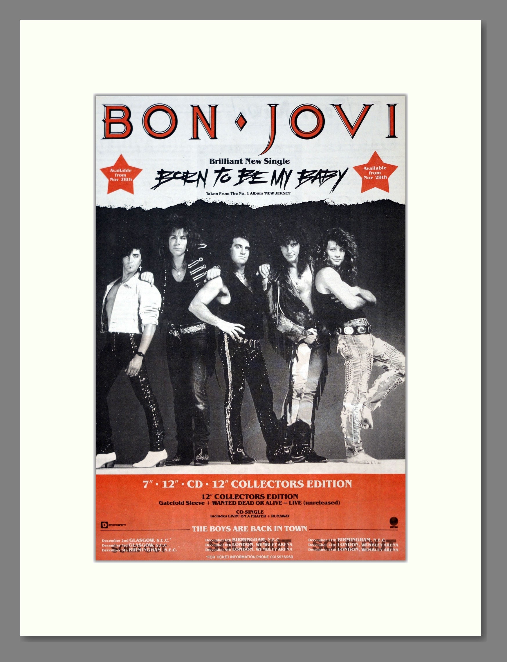 Bon Jovi - Born To Be My Baby. Vintage Advert 1988 (ref AD18566) – The ...
