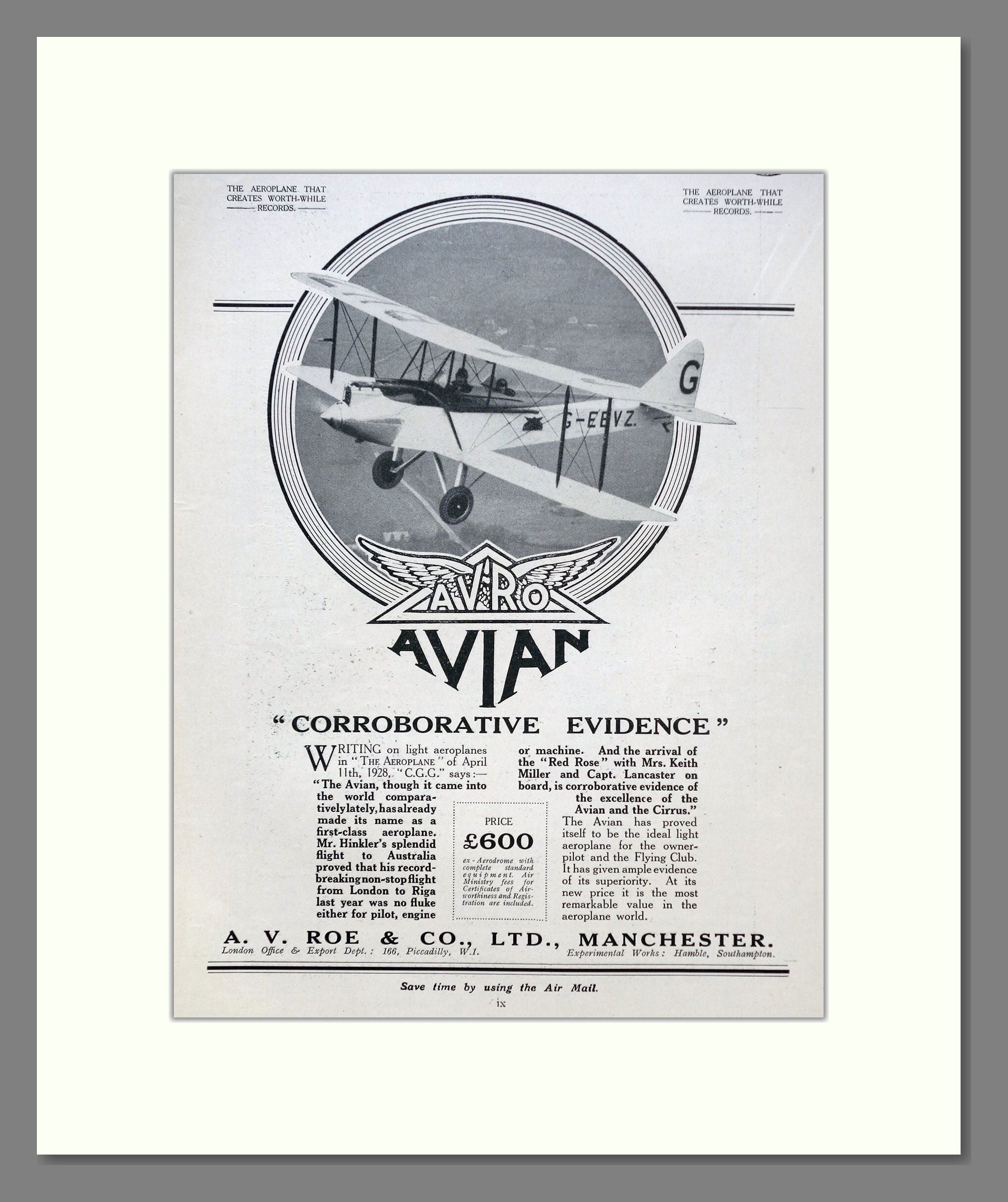 Avro - Avian. Vintage Advert 1928 (ref AD62934) – The Nostalgia Shop