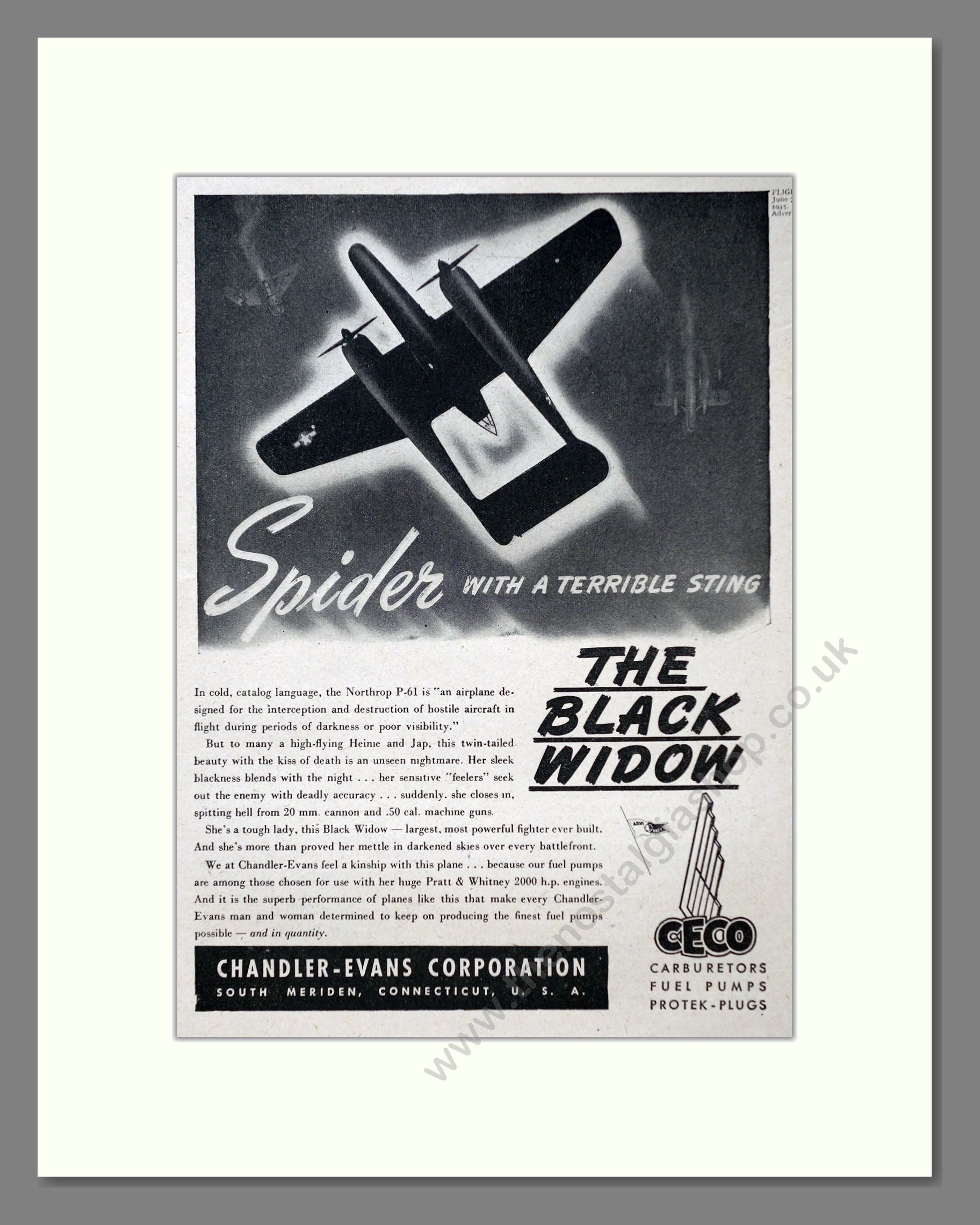 Chandler-Evans Corporation - Northrop P61. Vintage Advert 1945 (ref AD ...