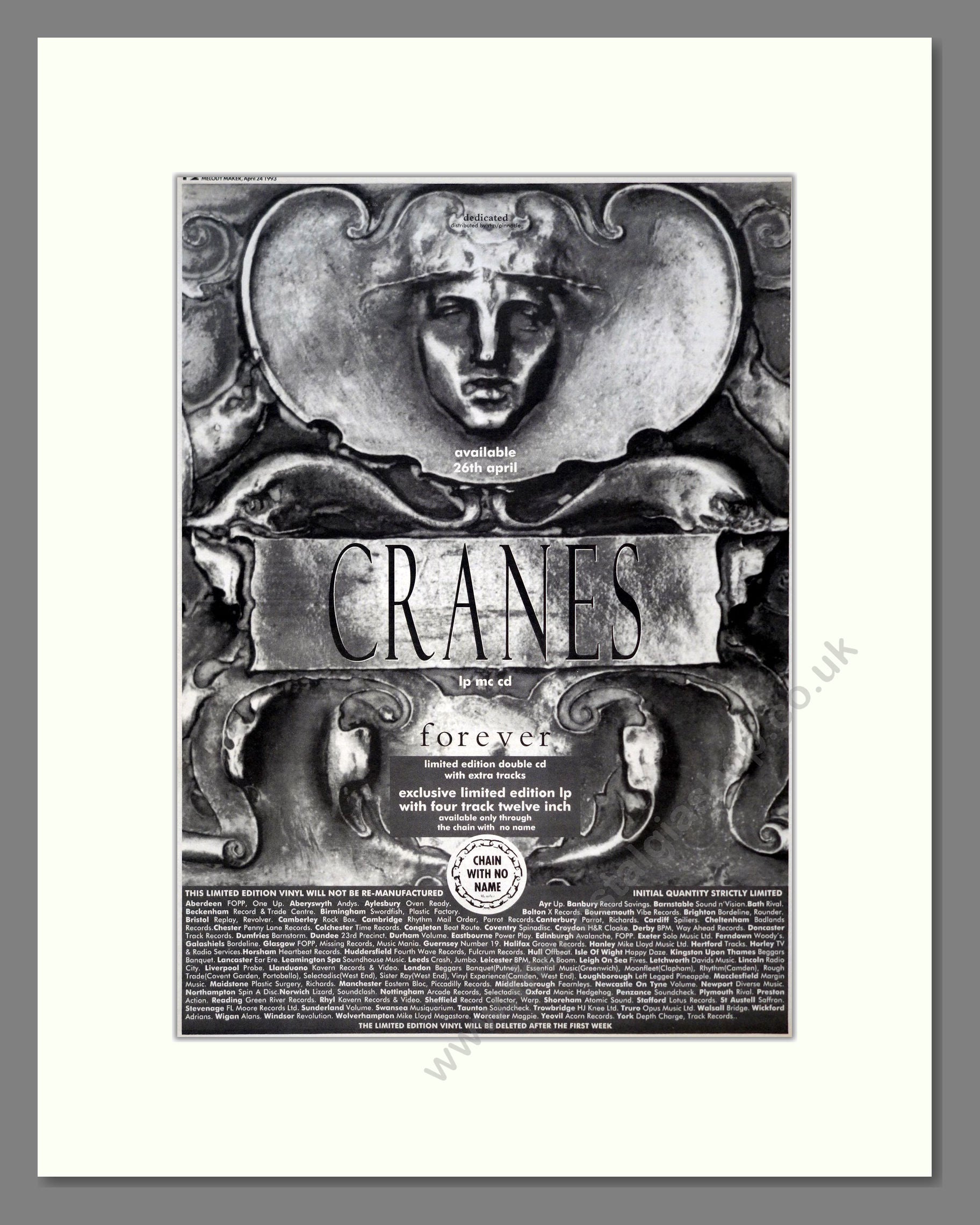 Cranes - Forever. Vintage Advert 1993 (ref AD19268) – The Nostalgia Shop