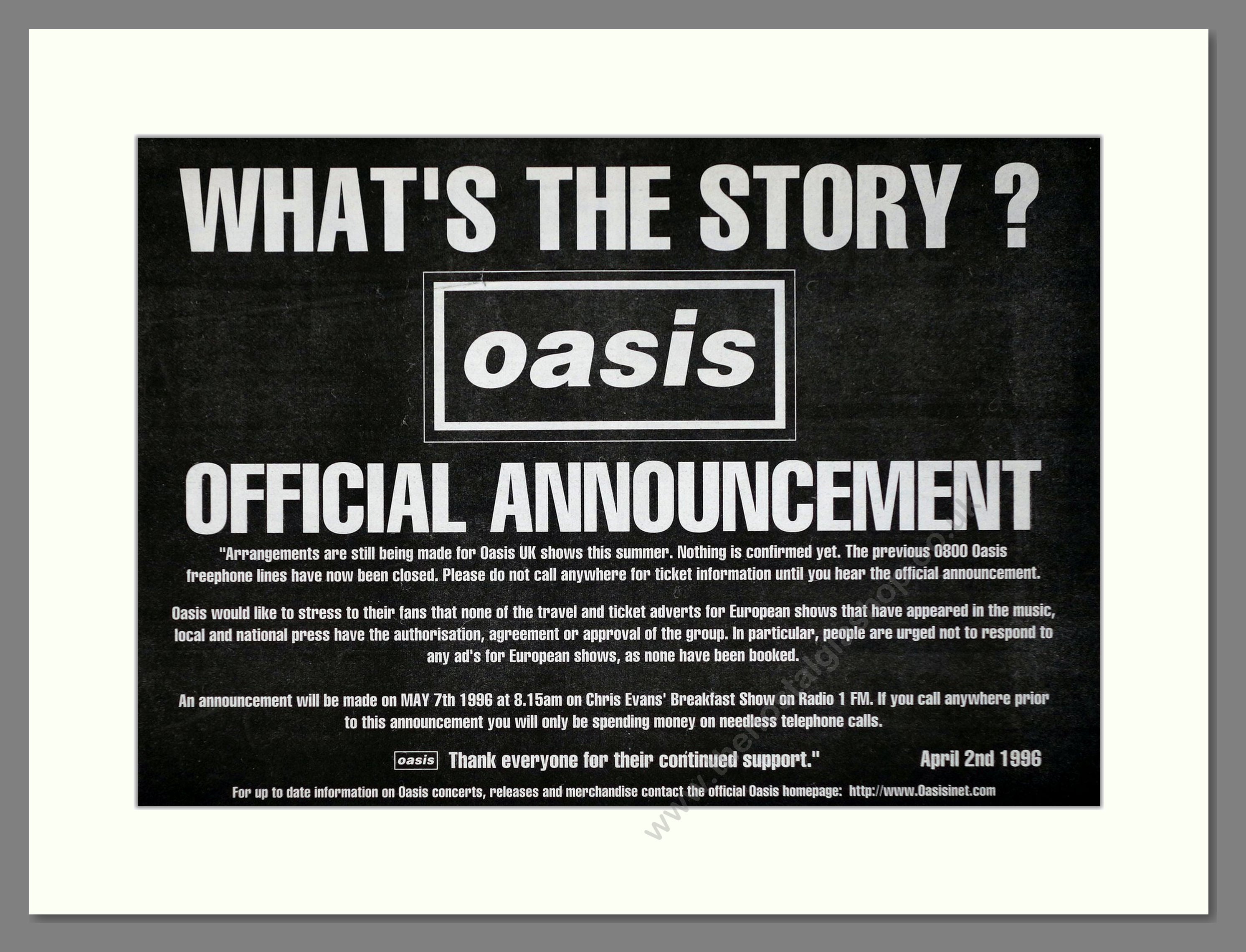 Oasis - What's The Story Announcement. Vintage Advert 1996 (ref AD6318 ...