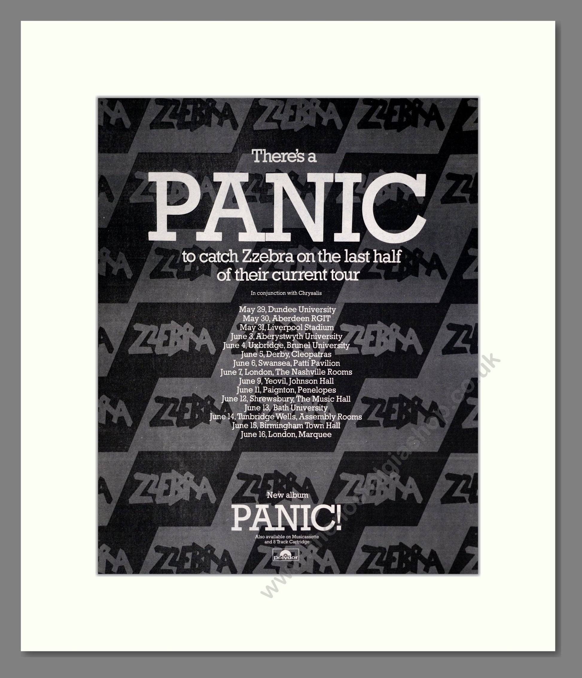 Zebra - Panic / UK Tour. Vintage Advert 1975 (ref AD20515) – The Nostalgia Shop