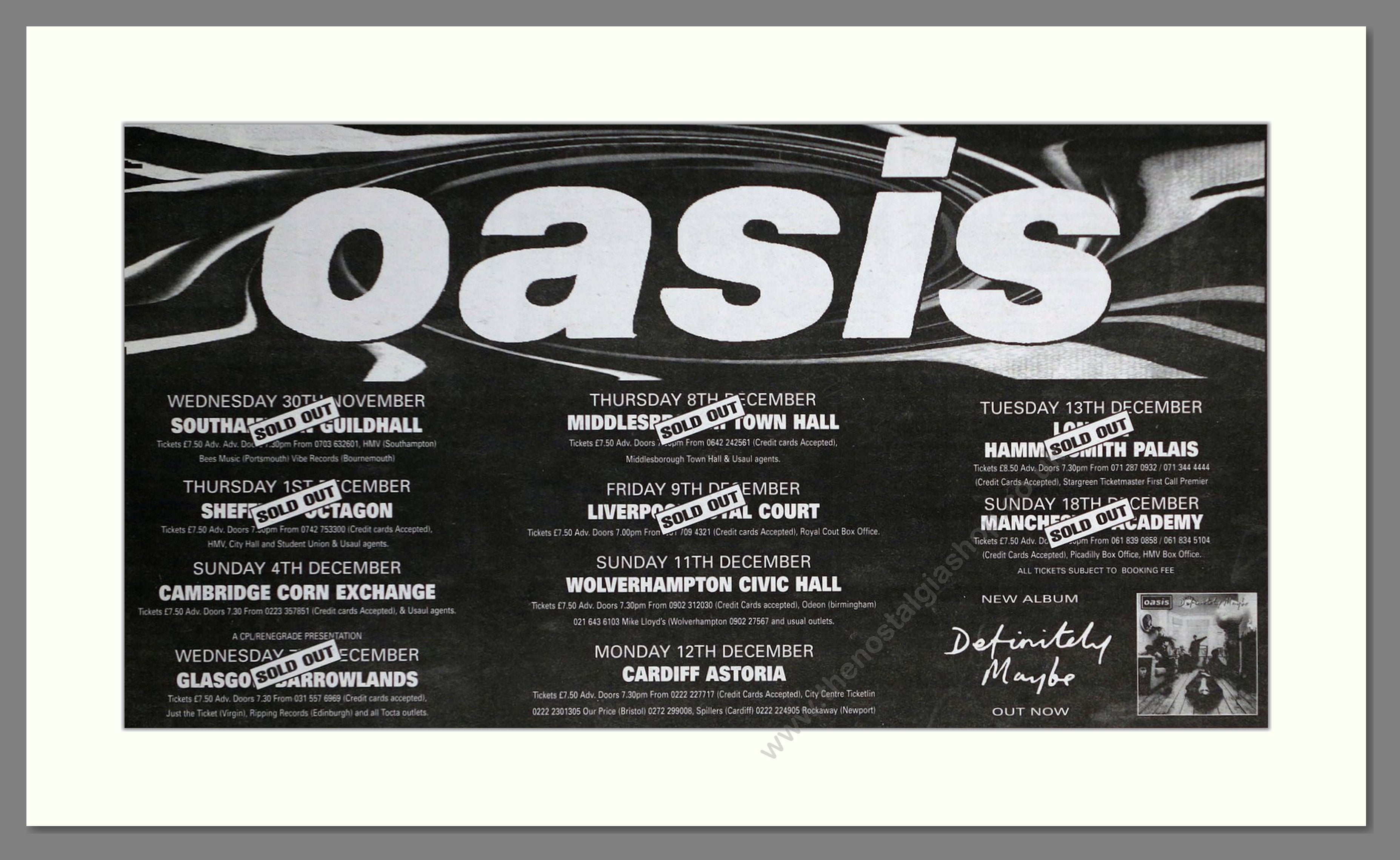 Oasis - UK Tour. Vintage Advert 1994 (ref AD63674) – The Nostalgia Shop