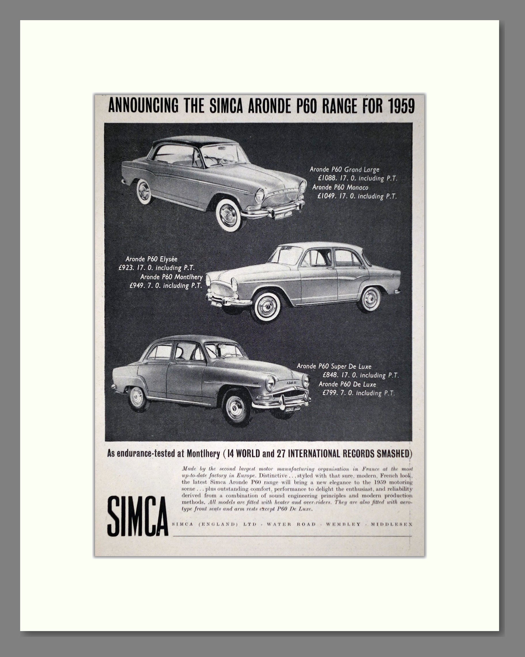 Simca - Aronde P60 Range. Vintage Advert 1958 (ref AD64069) – The ...