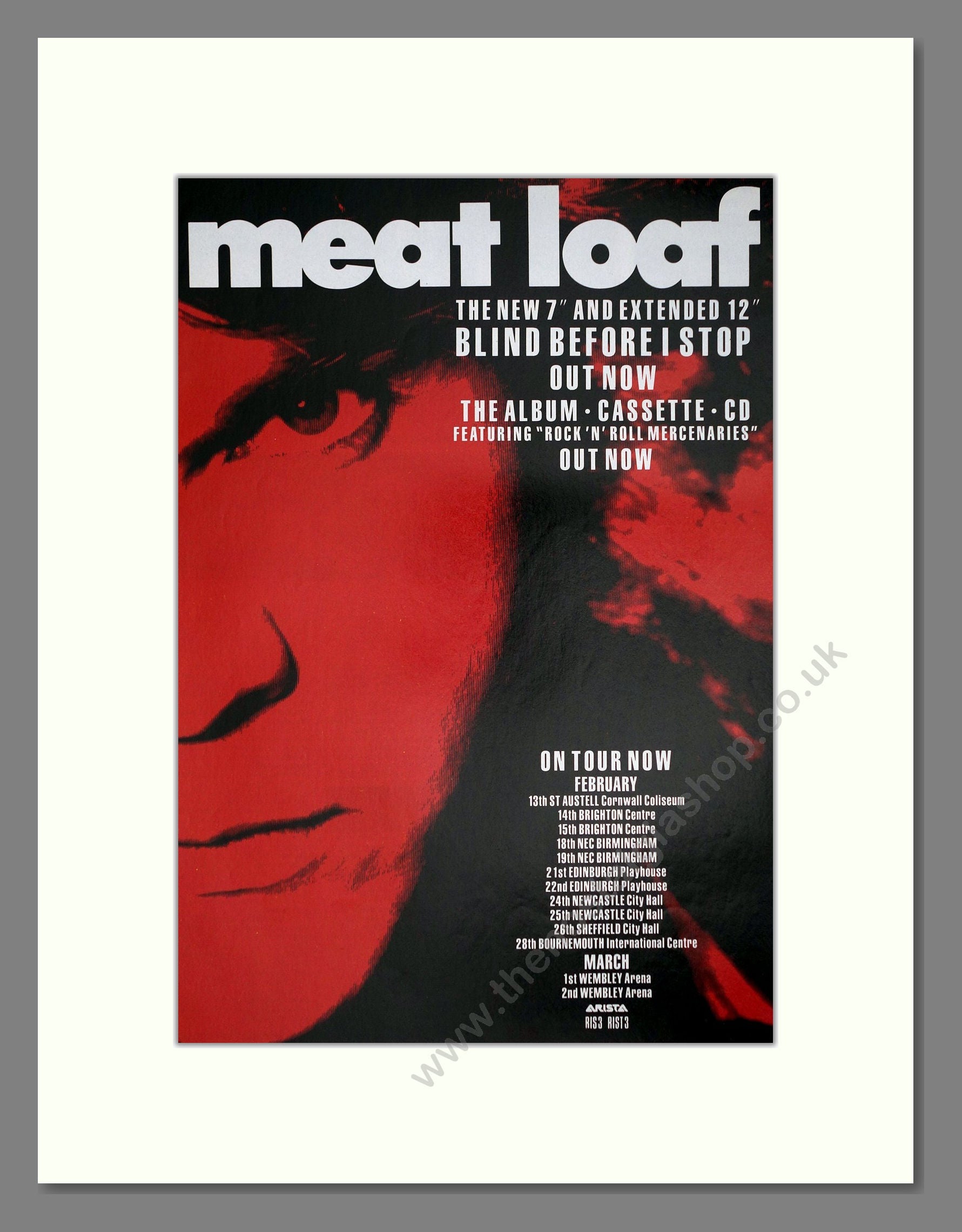Meat Loaf - Blind Before I Stop / UK Tour. Vintage Advert 1987 (ref AD ...