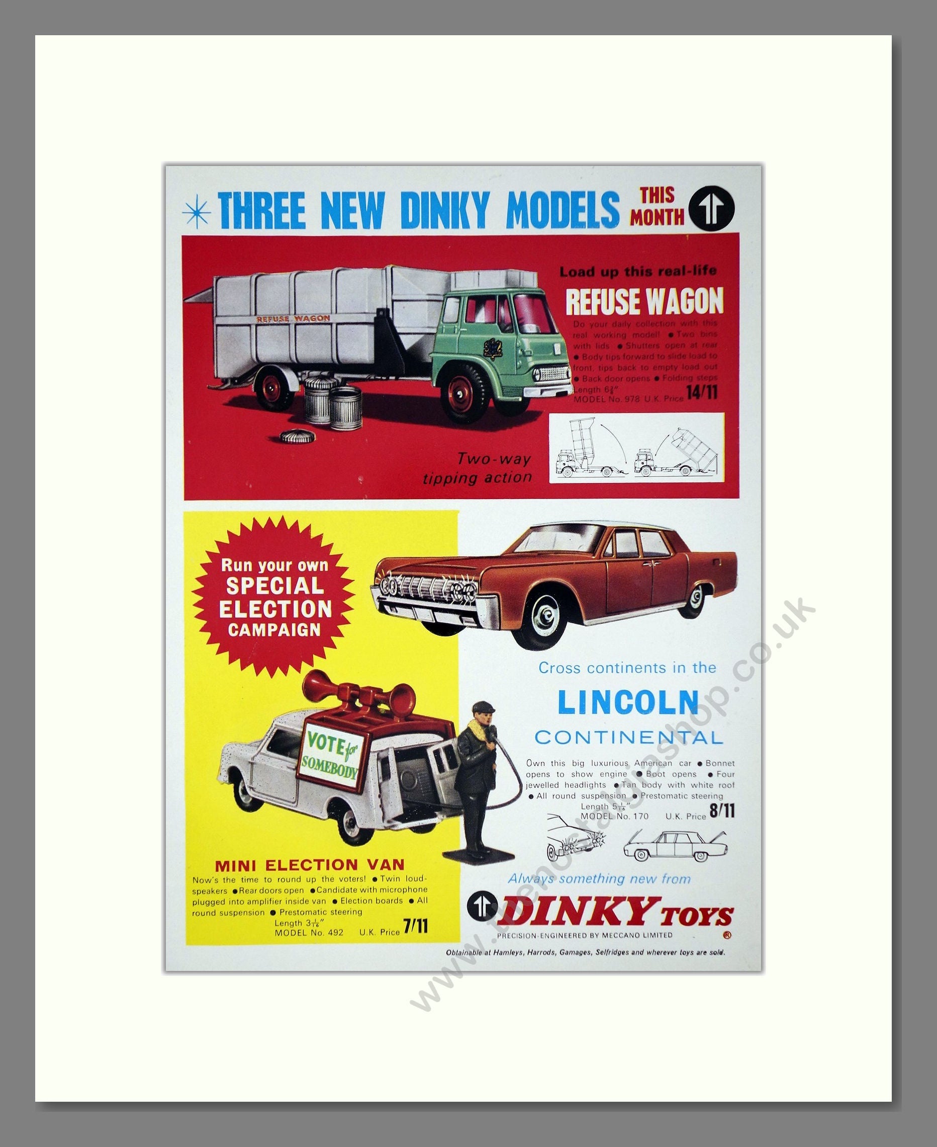 Dinky Toys - Refuse Wagon / Lincoln Continental / Election Van. Vintag ...