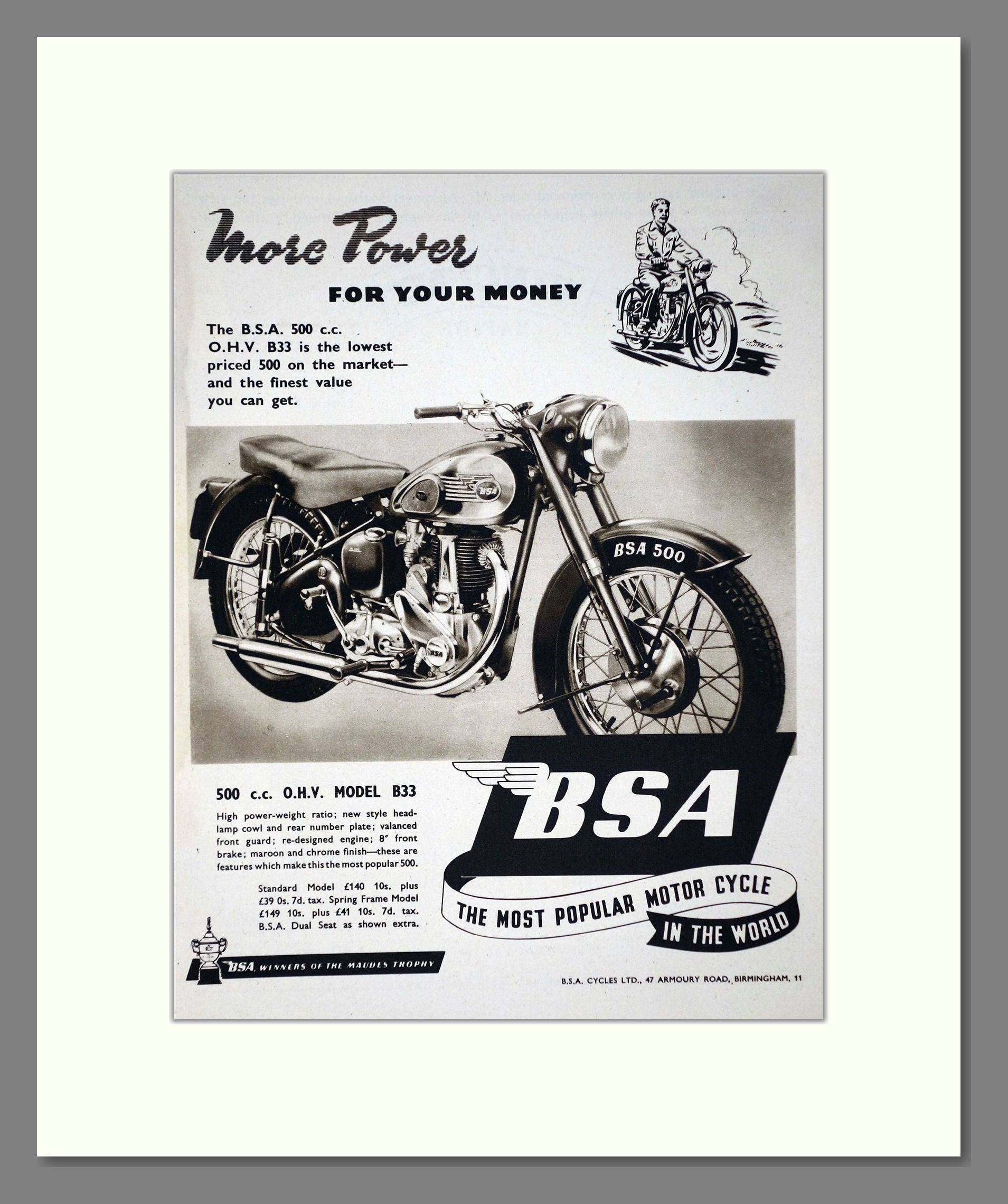 BSA - 833 500cc. Vintage Advert 1953 (ref AD67251) – The Nostalgia Shop