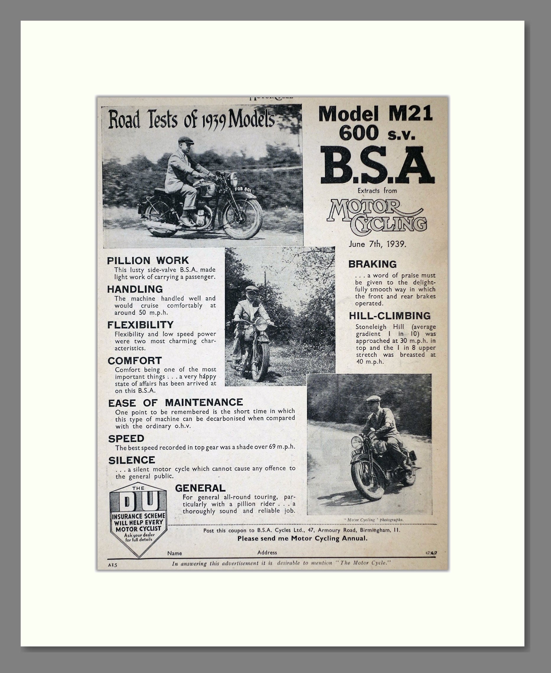 BSA - M21 600. Vintage Advert 1939 (ref AD67275) – The Nostalgia Shop