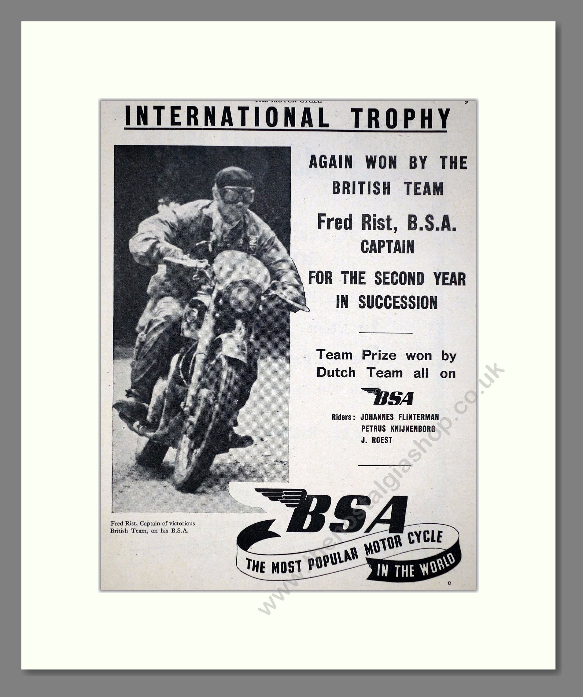 BSA - International Trophy Winner. Vintage Advert 1951 (ref AD67279 ...