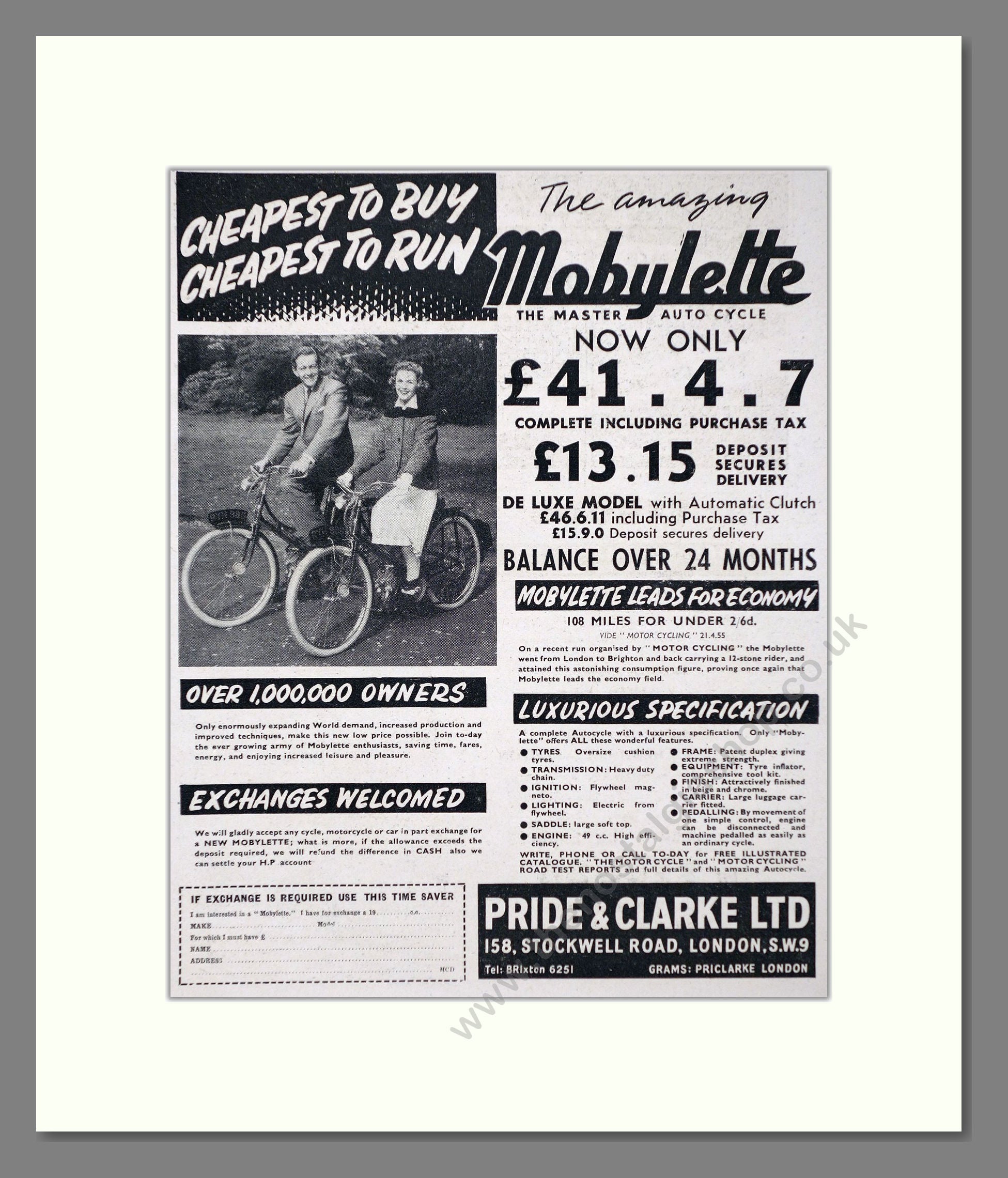 Mobylette - Master Auto Cycle. Vintage Advert 1955 (ref AD67381) – The ...