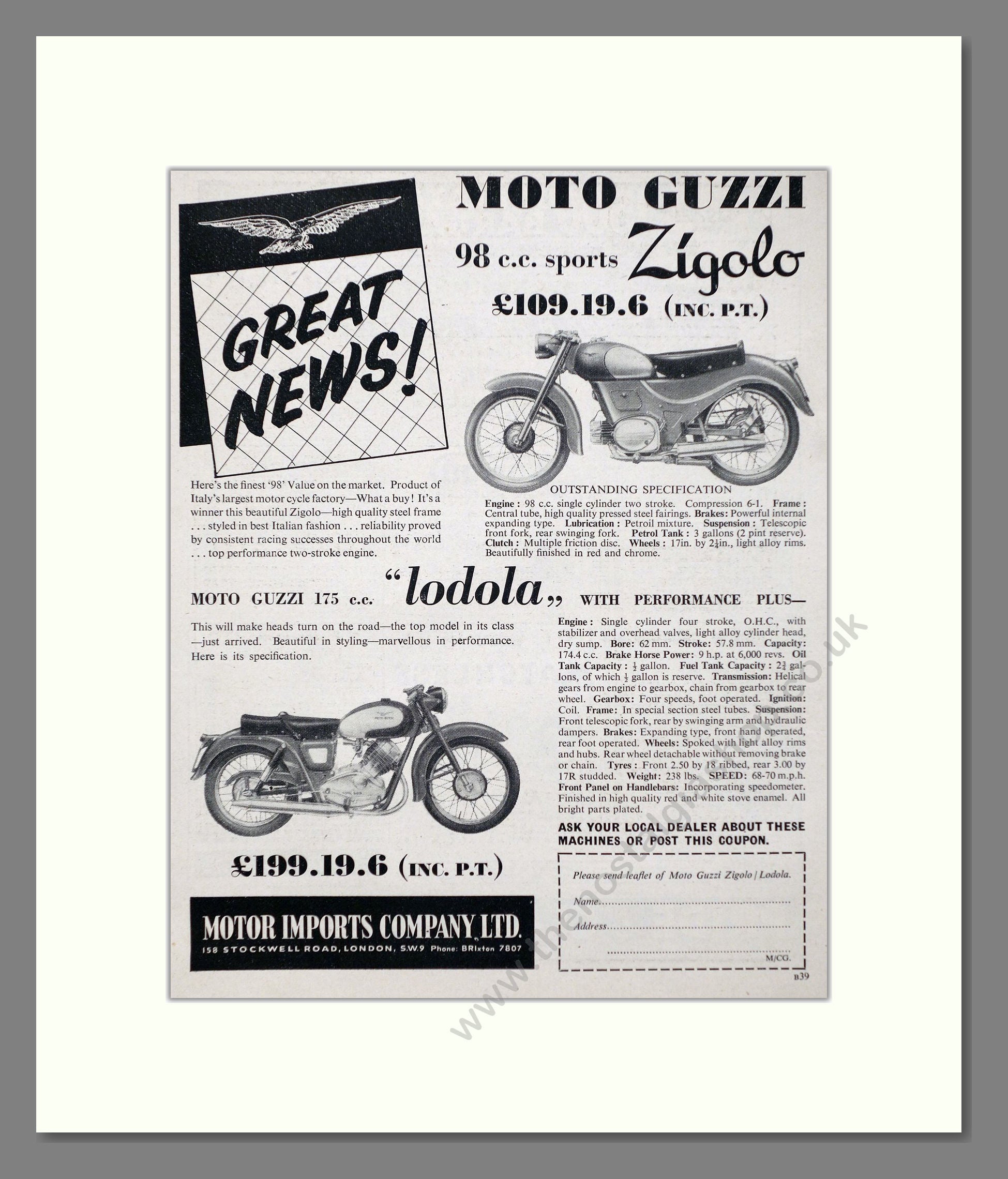 Moto Guzzi - Zigolo / Lodola. Vintage Advert 1958 (ref AD67390) – The ...