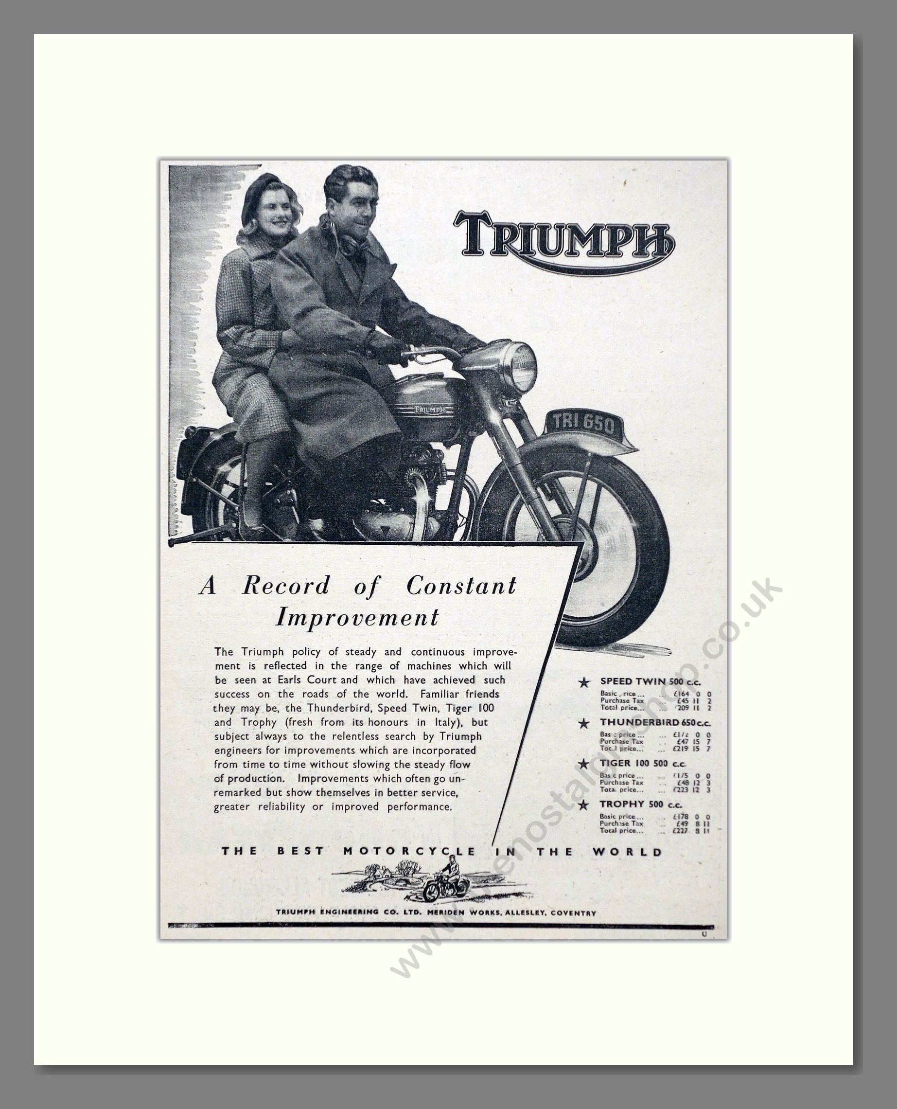 Triumph - Constant Improvement. Vintage Advert 1951 (ref AD67445) – The ...
