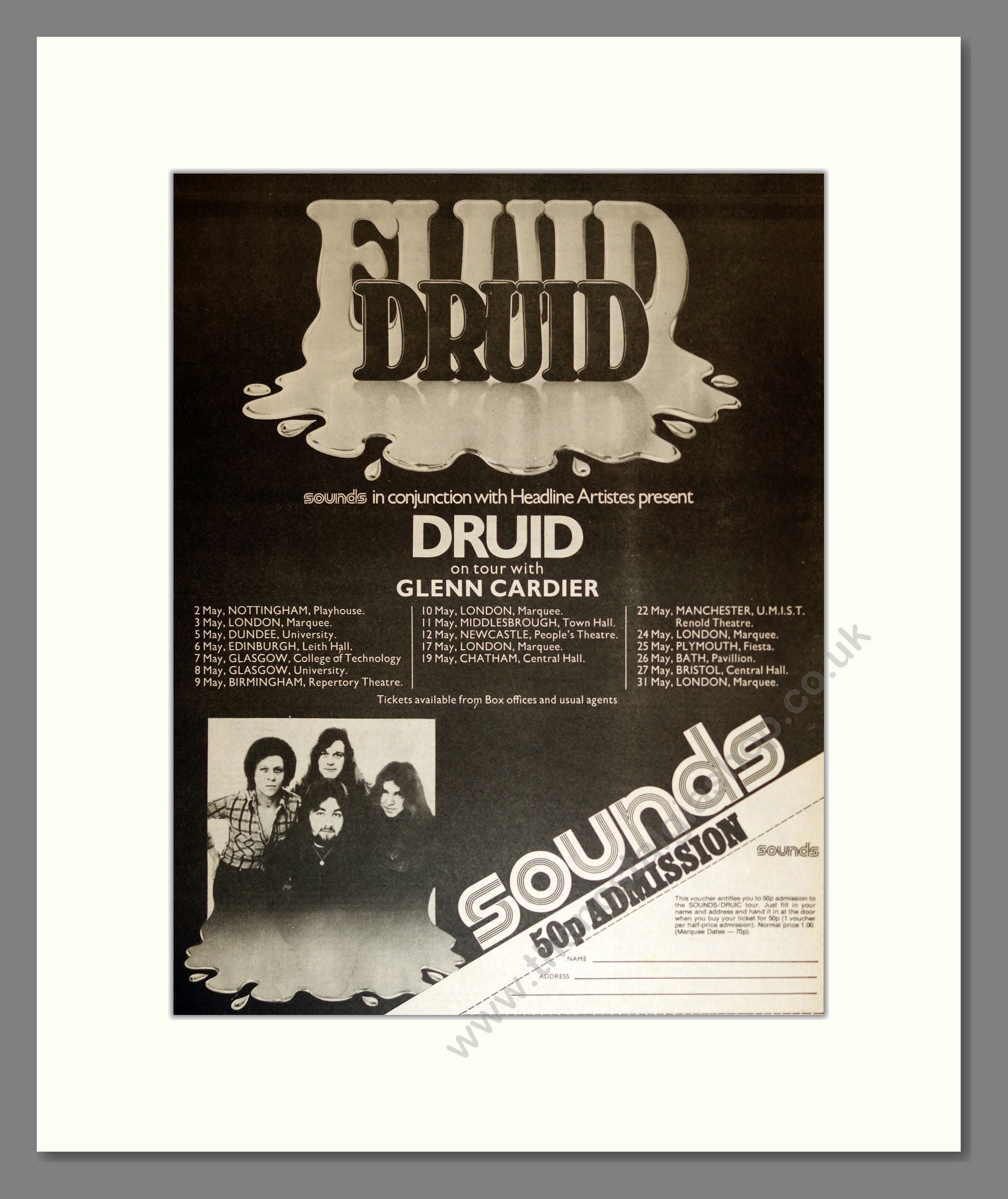 Druid - Fluid Druid UK Tour with Glenn Cardier. Vintage Advert 1976 (r ...