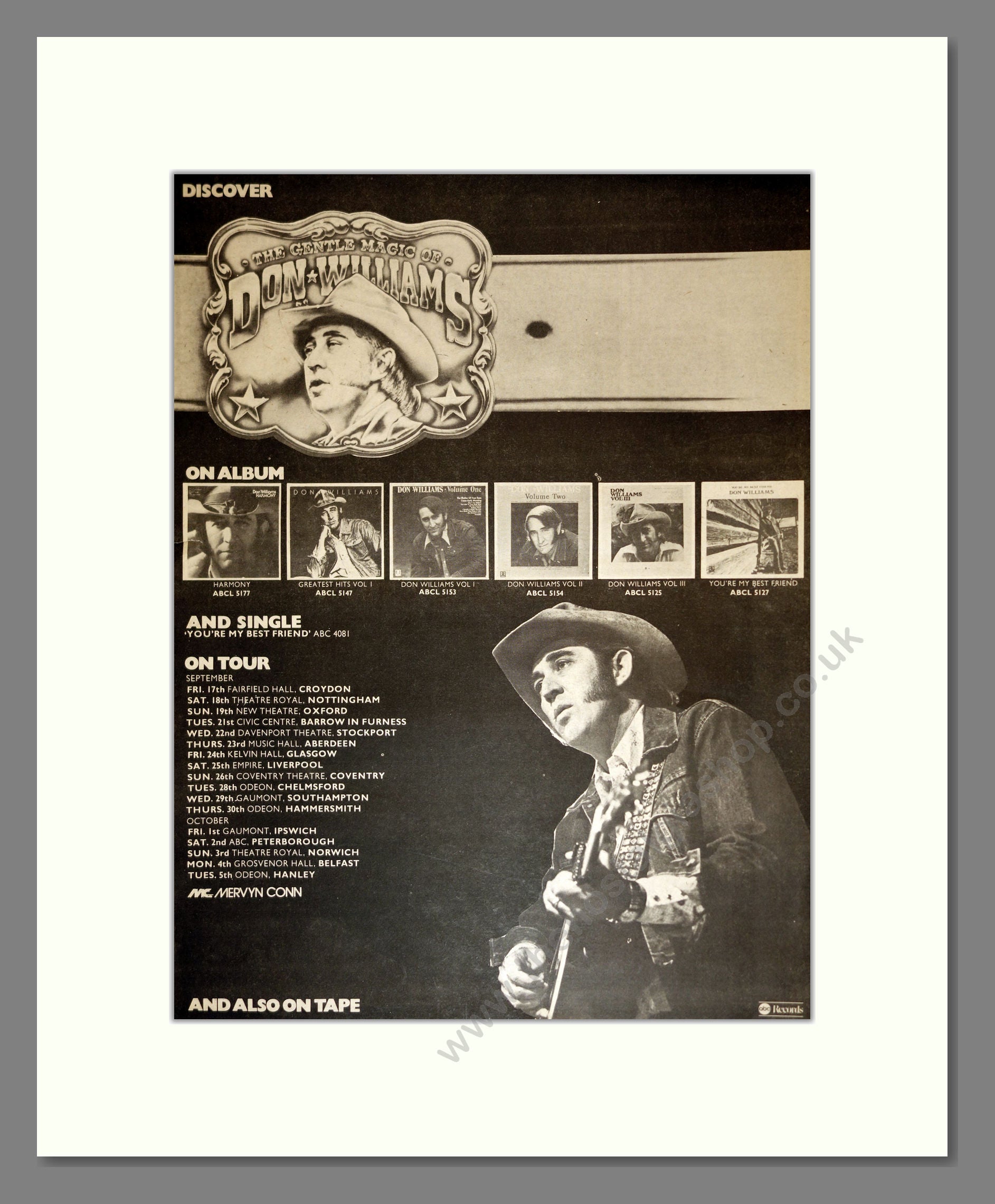 Don Williams - Various Albums UK Tour. Vintage Advert 1976 (ref AD1701 – The Nostalgia Shop