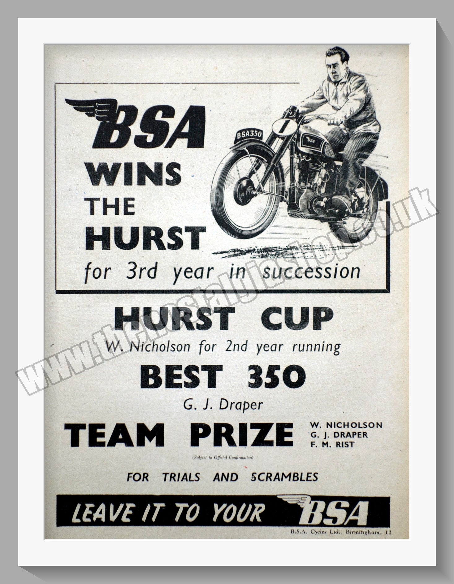 BSA Wins Hurst Cup Trial 3 Years Running. Original Advert 1949 (ref AD ...