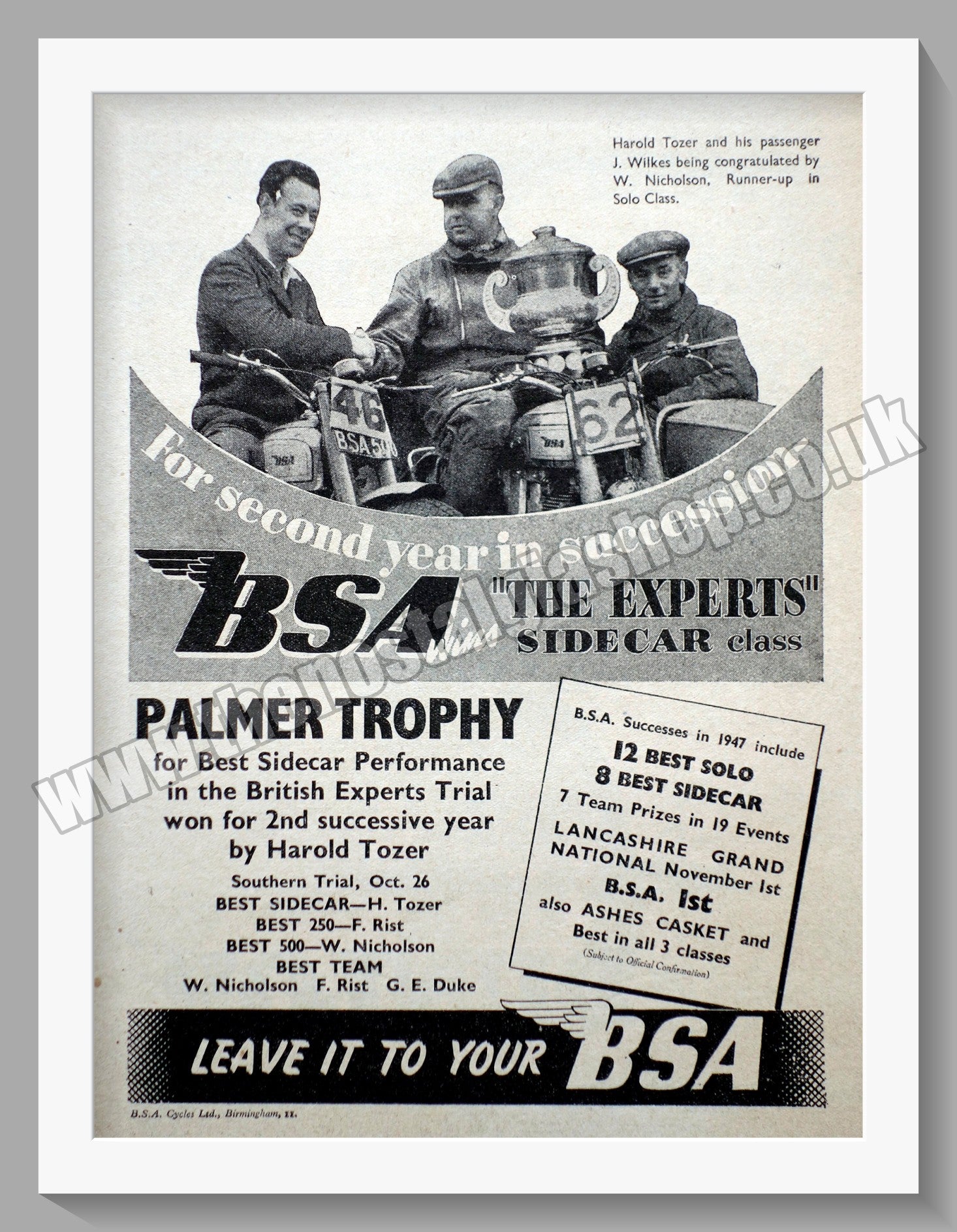 BSA Wins The Palmer Trophy, Sidecar Class. Original Advert 1947 (ref A ...