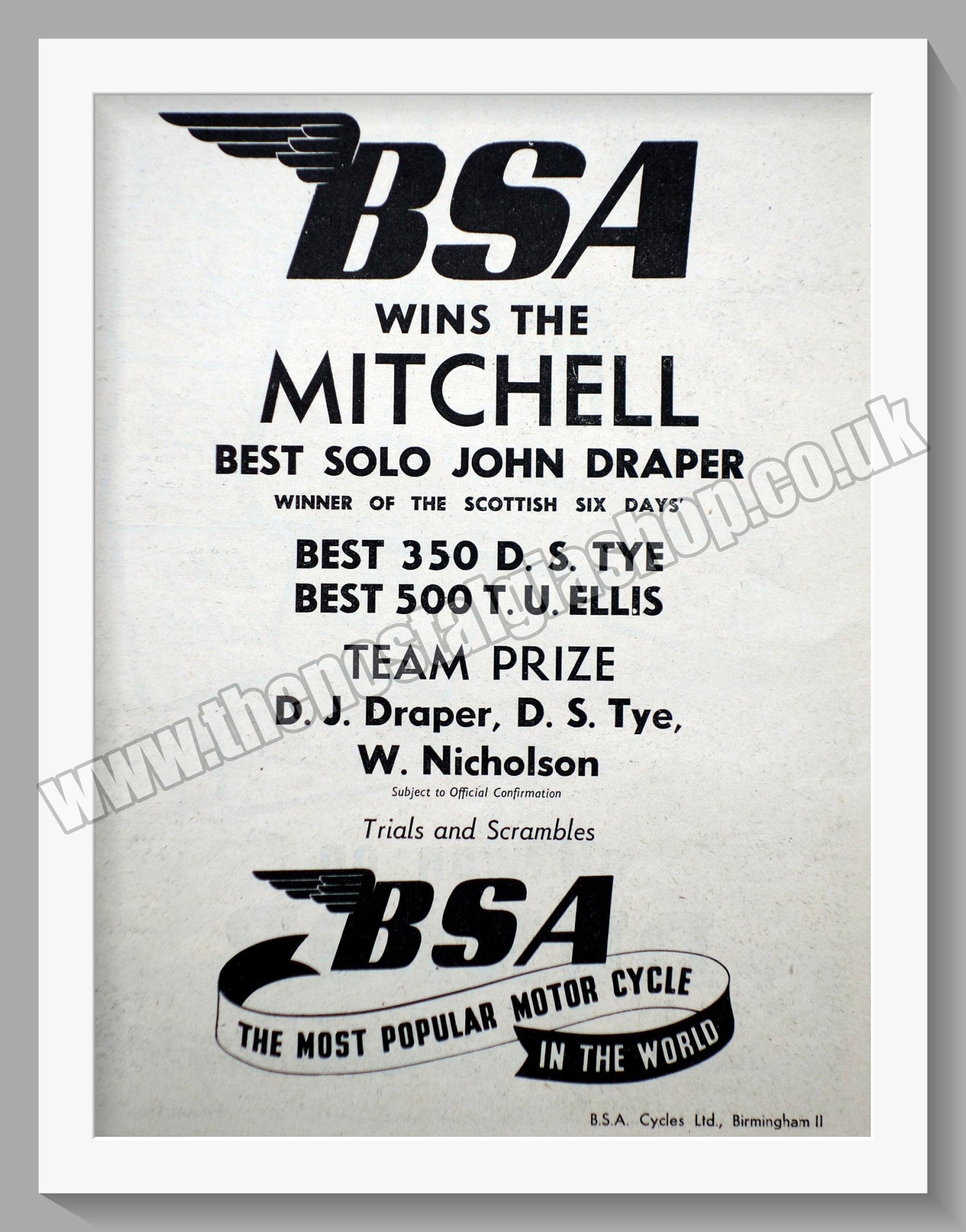 BSA Wins The Mitchell. Original Advert 1951 (ref AD56660) – The ...