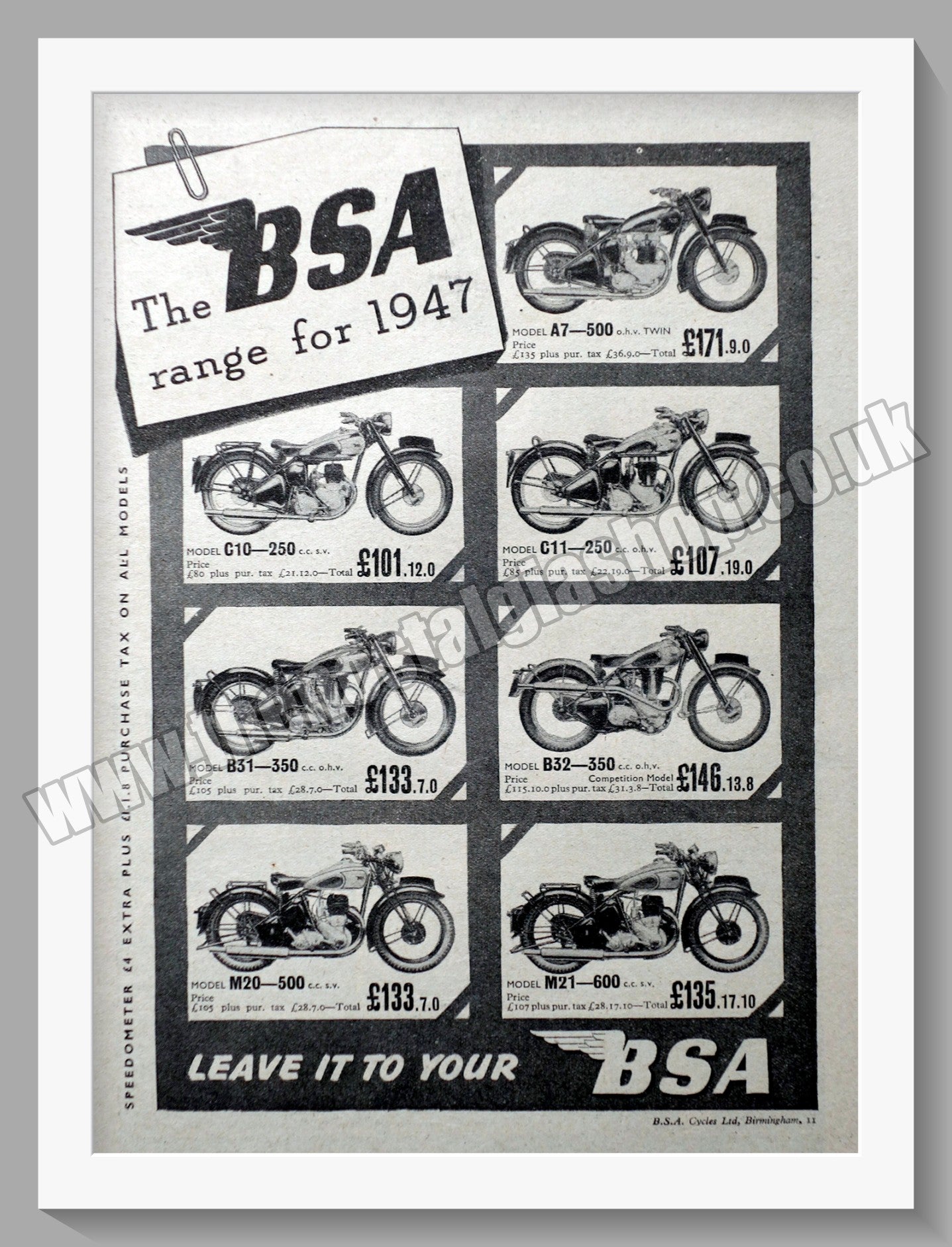 BSA Motorcycle Range. Original Advert 1946 (ref AD56916) – The ...