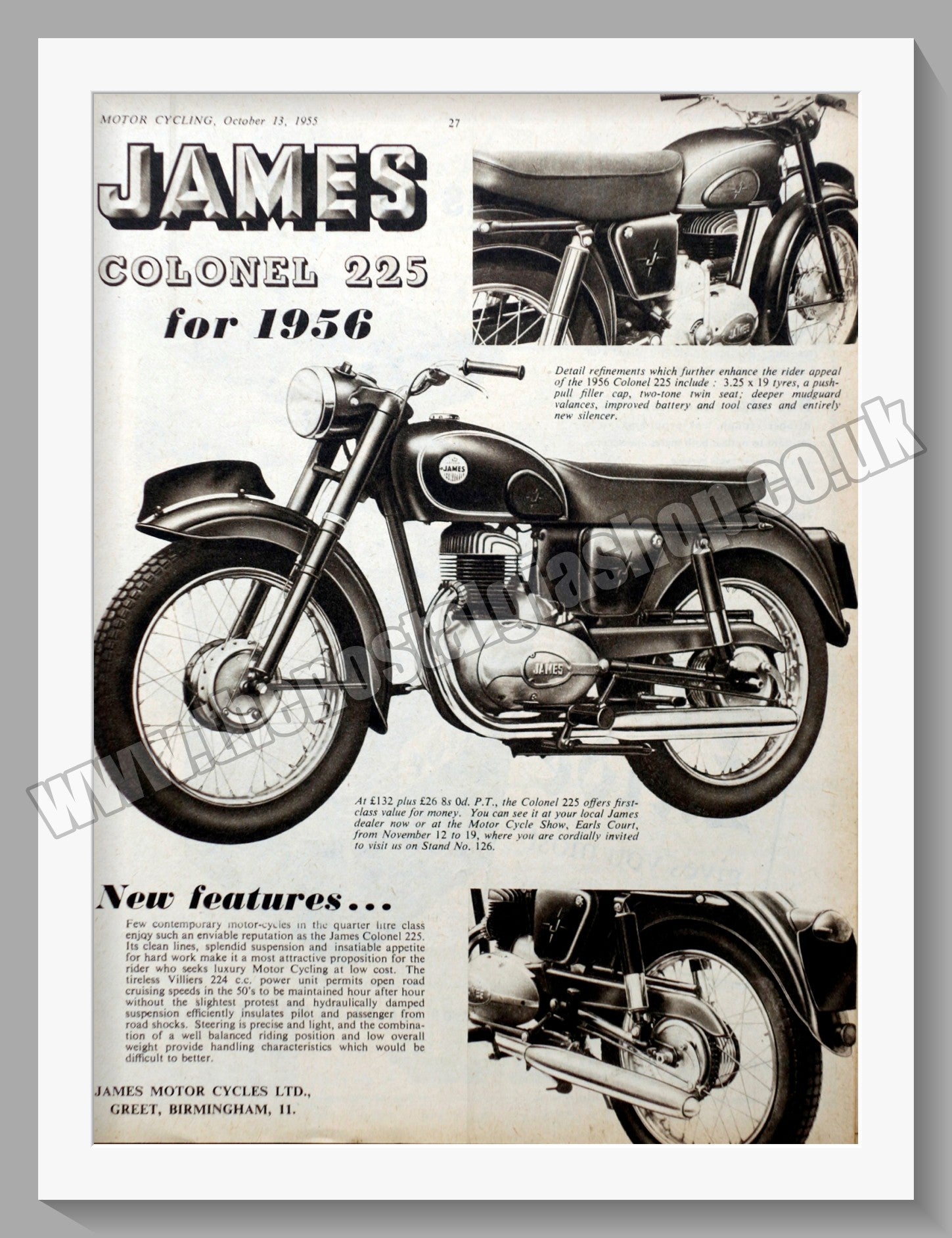 James 225 Colonel Motorcycle. Original Advert 1955 (ref AD56922) – The ...