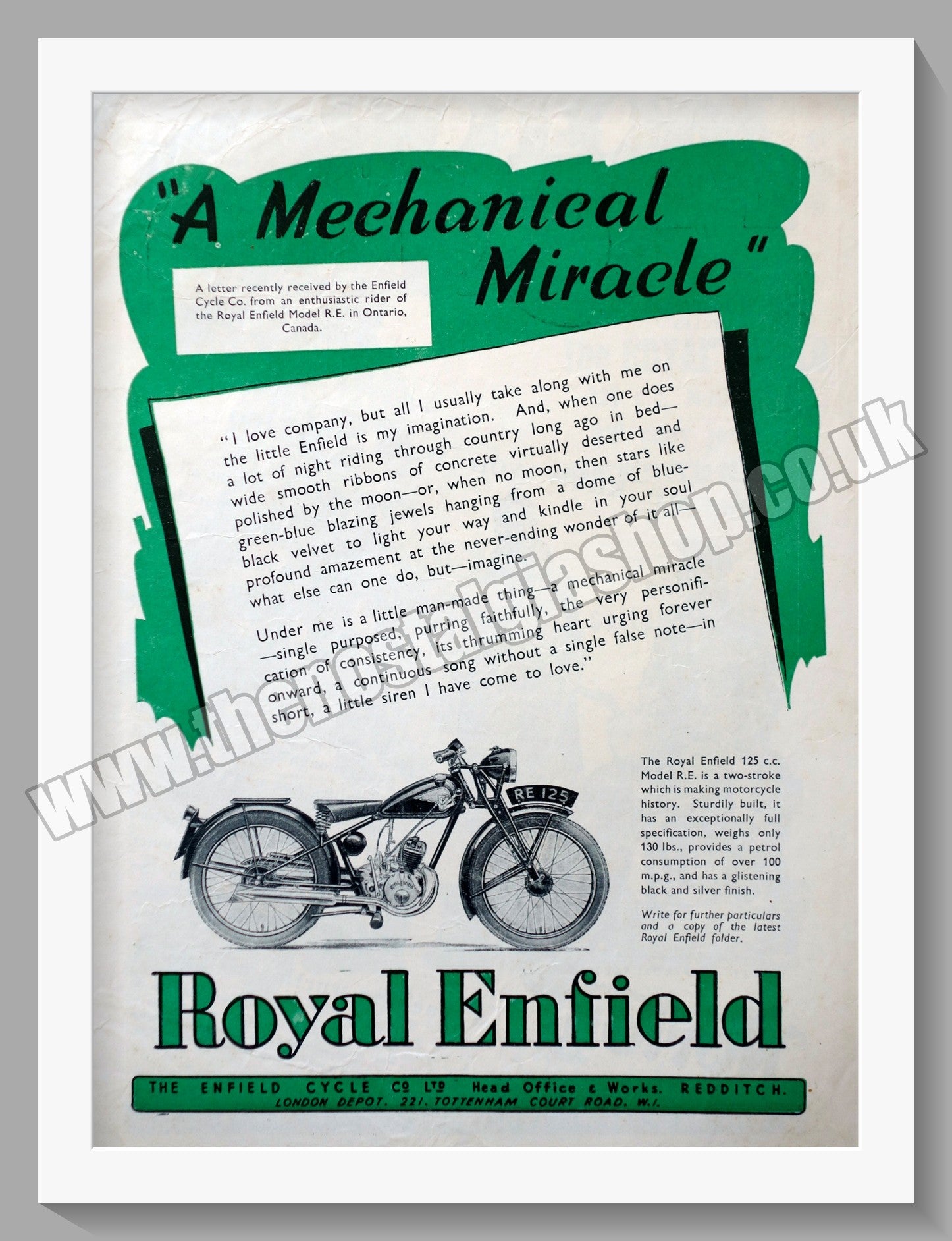 Royal Enfield Motorcycle 125cc. A Mechanical Miracle. Original Advert ...