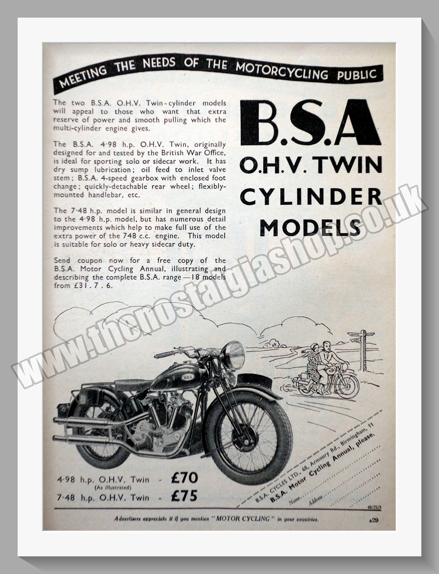 BSA O.H.V Twin Cylinder Models. Original Advert 1936 (ref AD57104 ...