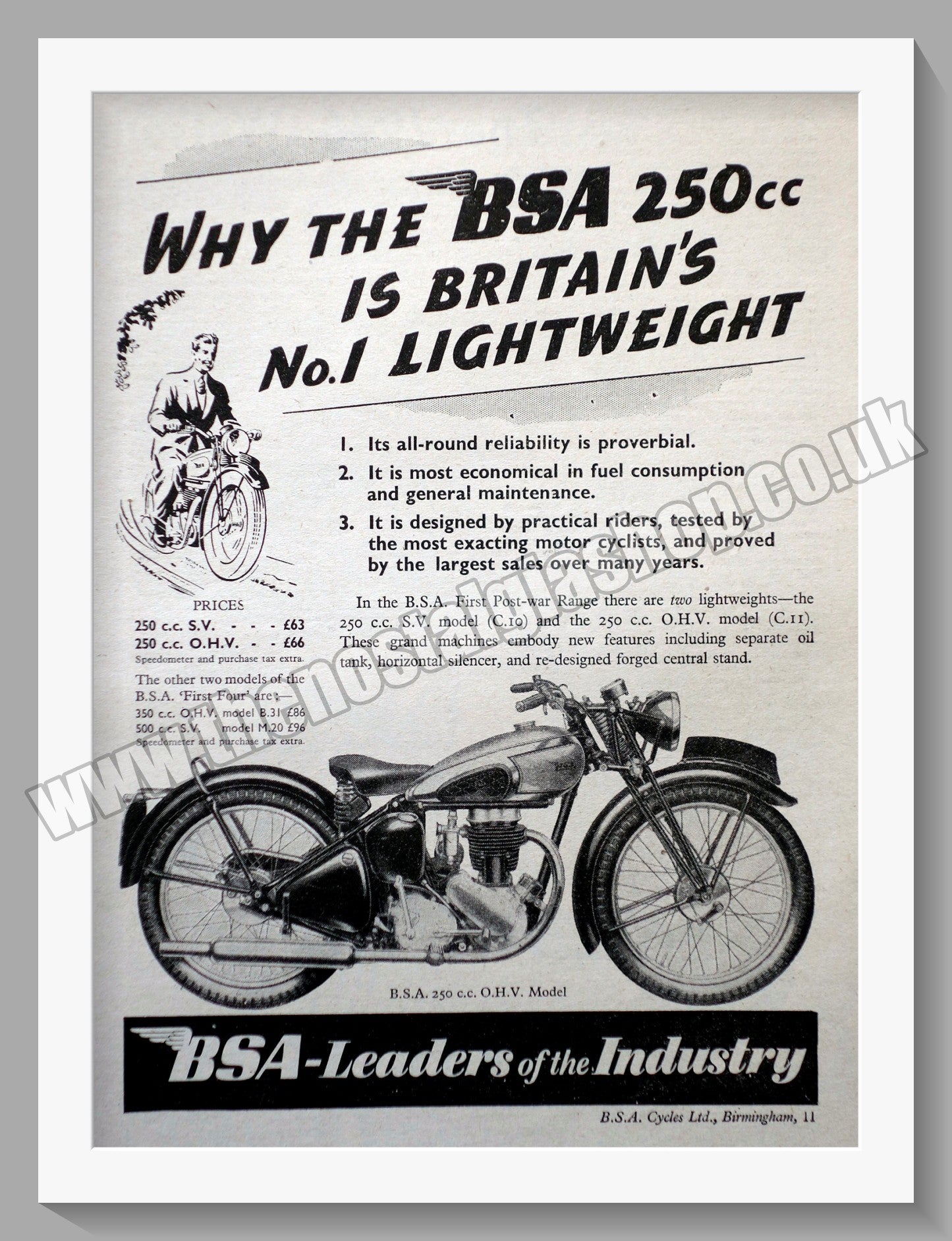 BSA 250cc O.H.V Motorcycle. Original Advert 1945 (ref AD57118) – The ...