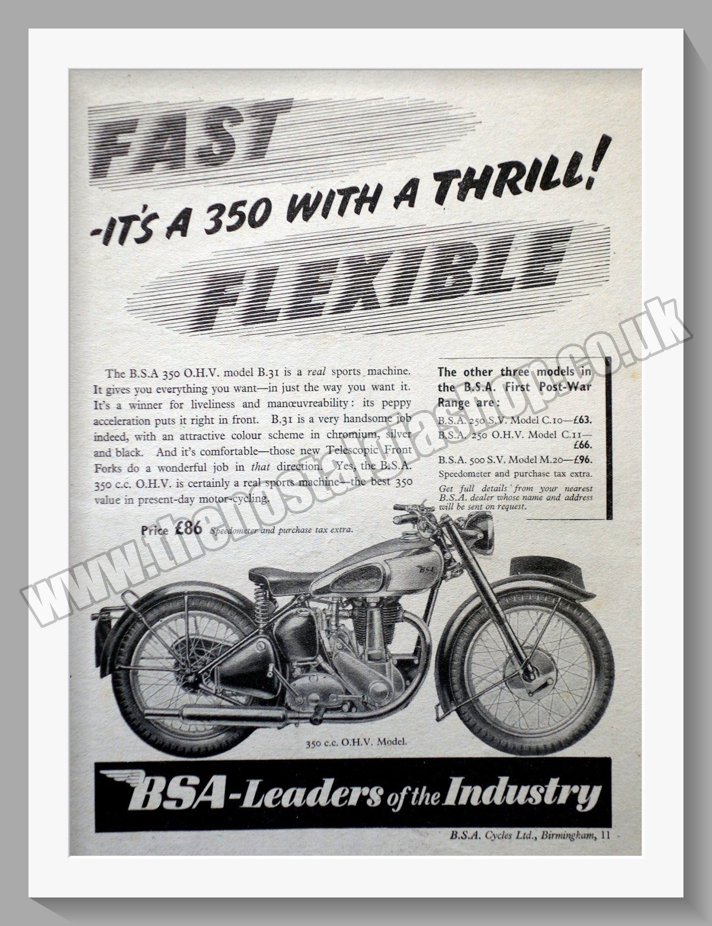 BSA 350cc O.H.V Motorcycle. Original Advert 1945 (ref AD57120) – The ...