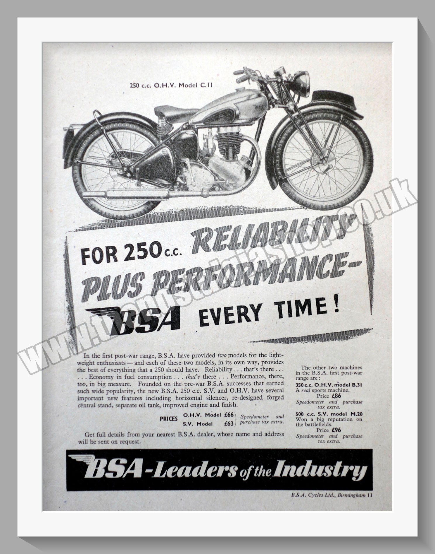 BSA 250cc O.H.V C.II Motorcycle. Original Advert 1945 (ref AD57121 ...