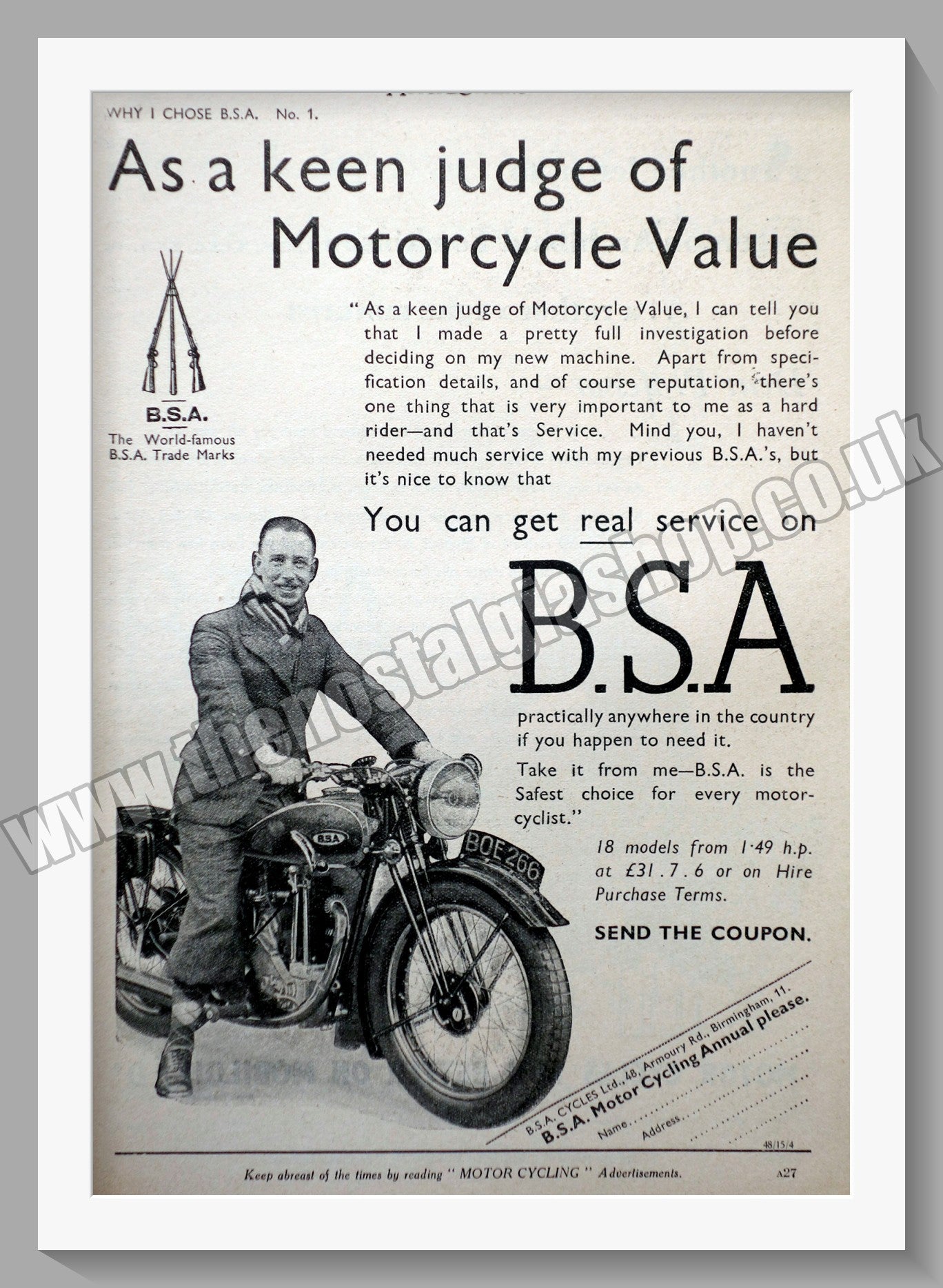 BSA Motorcycle. Original Advert 1936 (ref AD57132) – The Nostalgia Shop