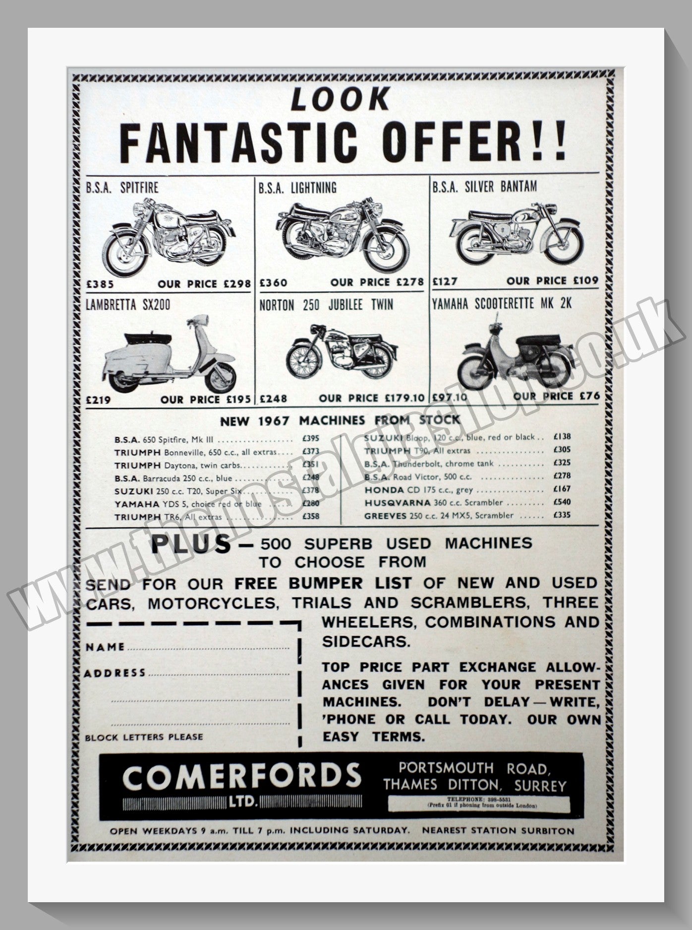 Comerford's Ltd Motorcycle Dealer. Original Advert 1967 (ref AD57535 ...