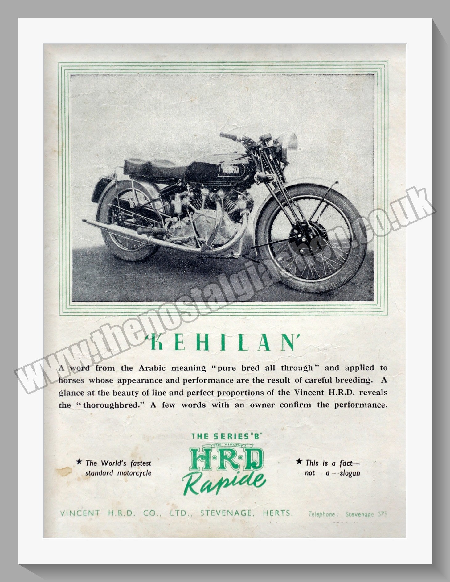 Vincent H.R.D. Rapide Motorcycle. Vintage Advert 1947 (ref AD58367 ...