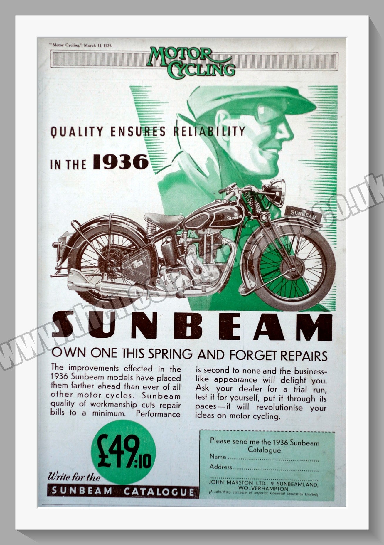 Sunbeam Motorcycles. 1936 Original Advert. (ref AD58572) – The ...
