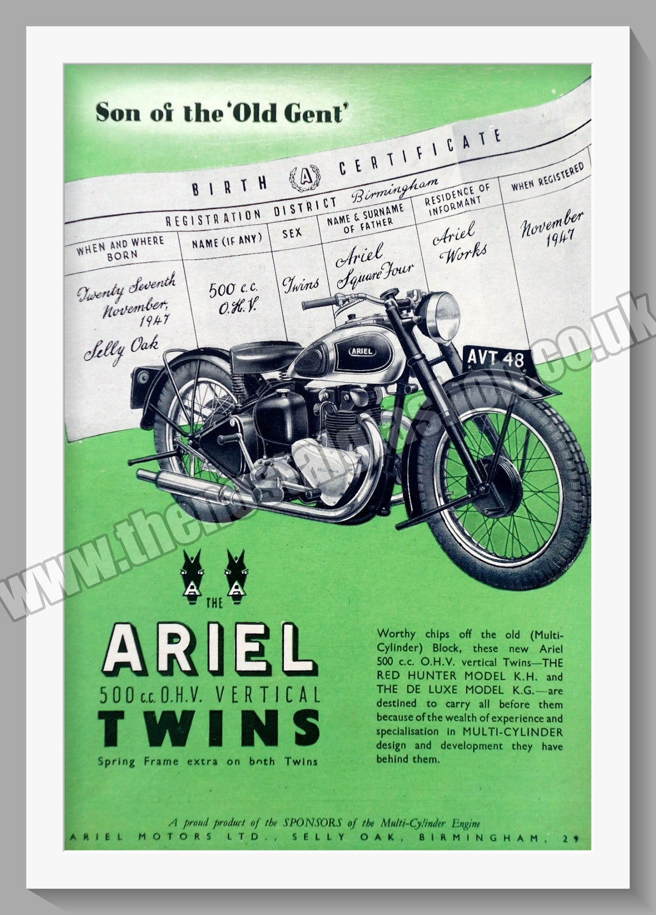 Ariel 500cc Vertical Twin Motorcycle. Original Advert 1948 (ref AD6042 ...