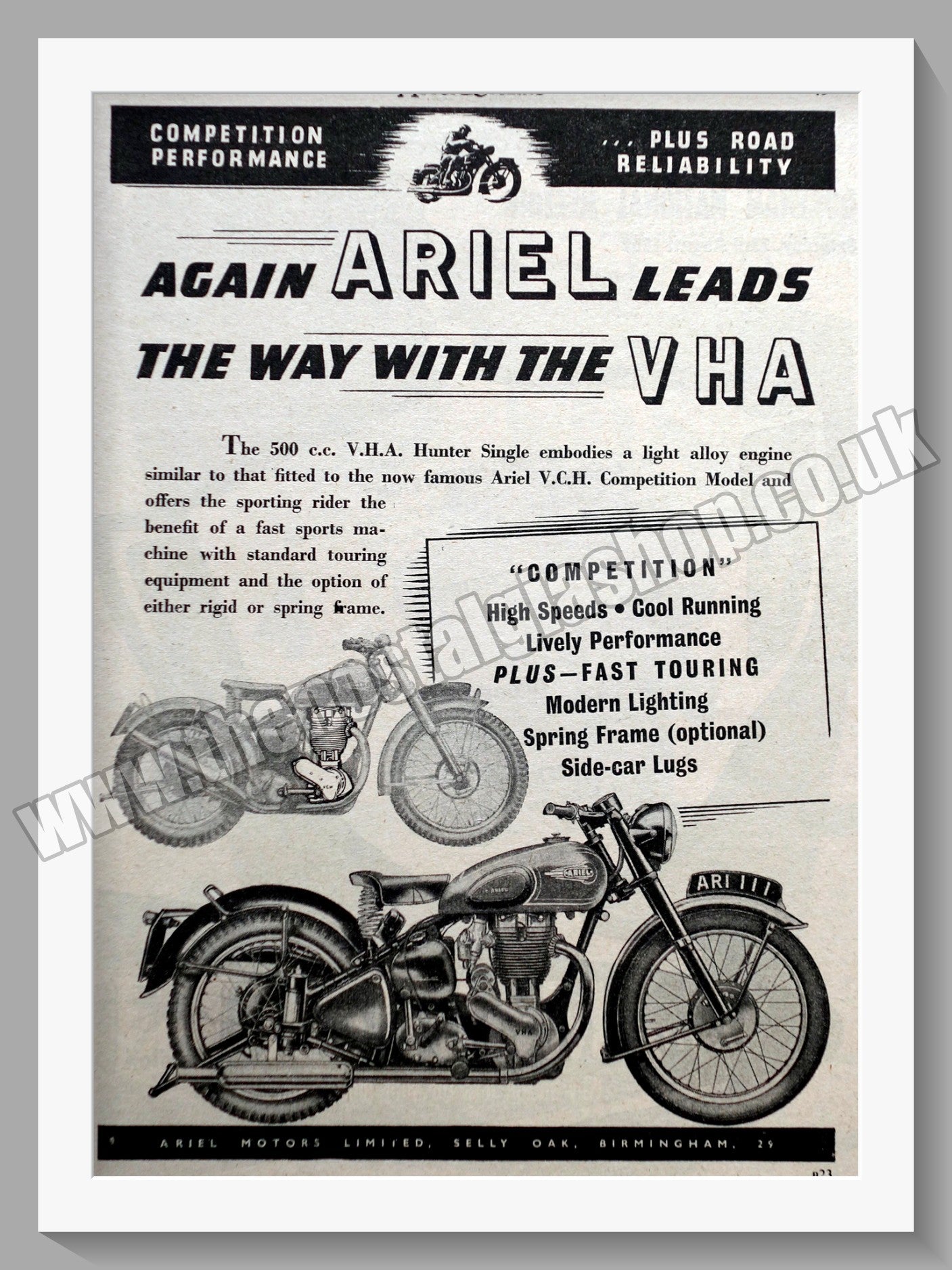 Ariel 500cc Hunter Single Motorcycles. Original Advert 1952 (ref AD605 ...