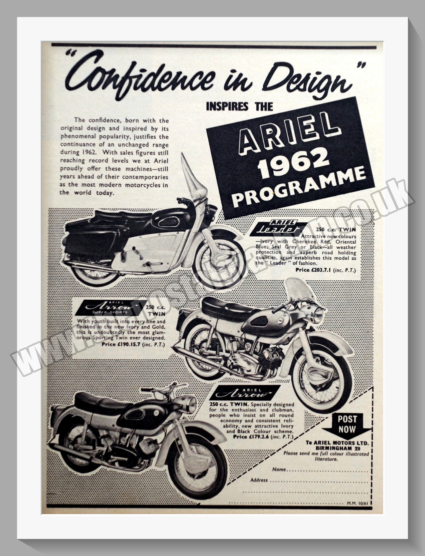 Ariel Motorcycles. Original Advert 1961 (ref AD60596) – The Nostalgia Shop