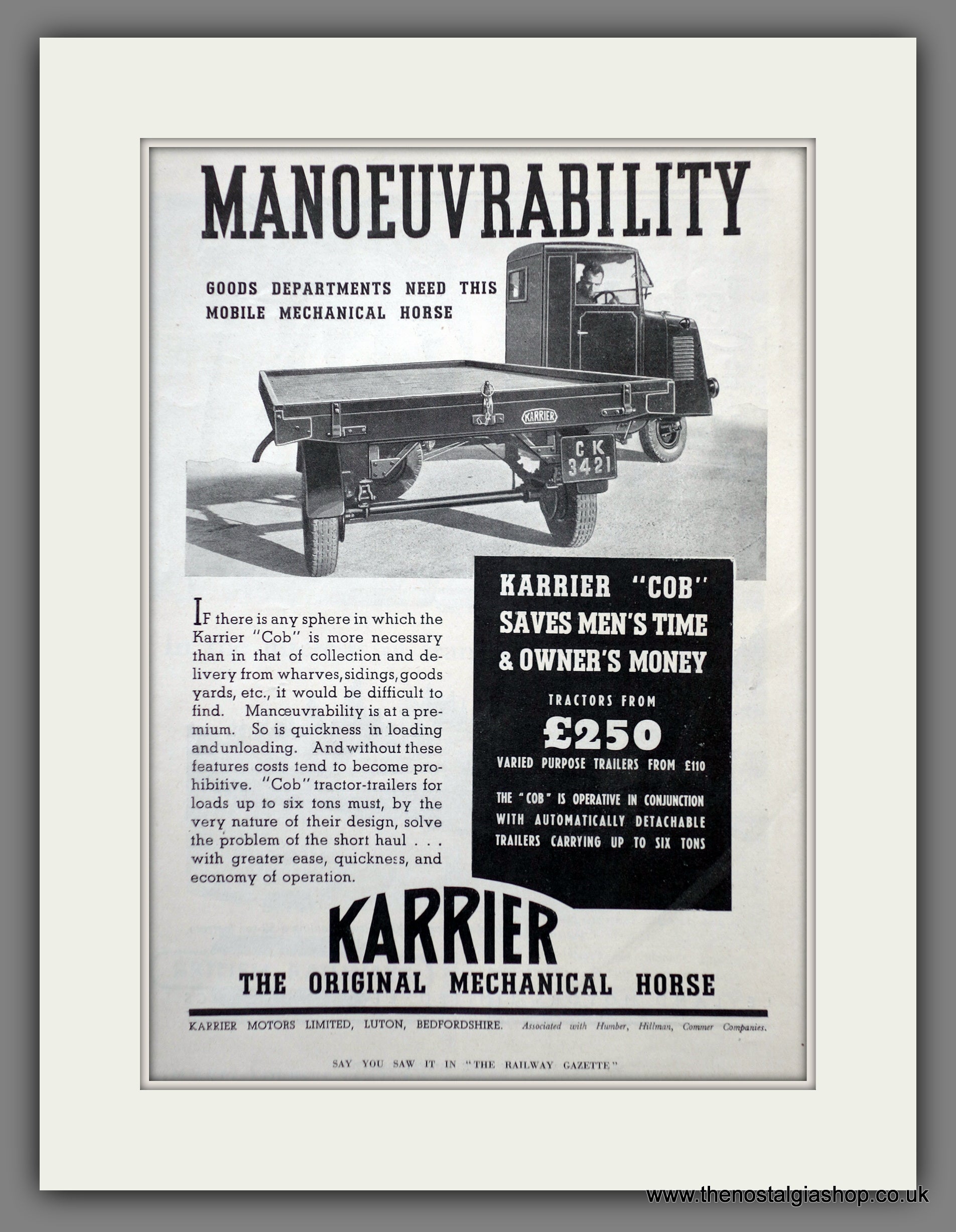 Karrier 'Cob'. Mechanical Horse. Original Advert 1935 (ref AD61078 ...