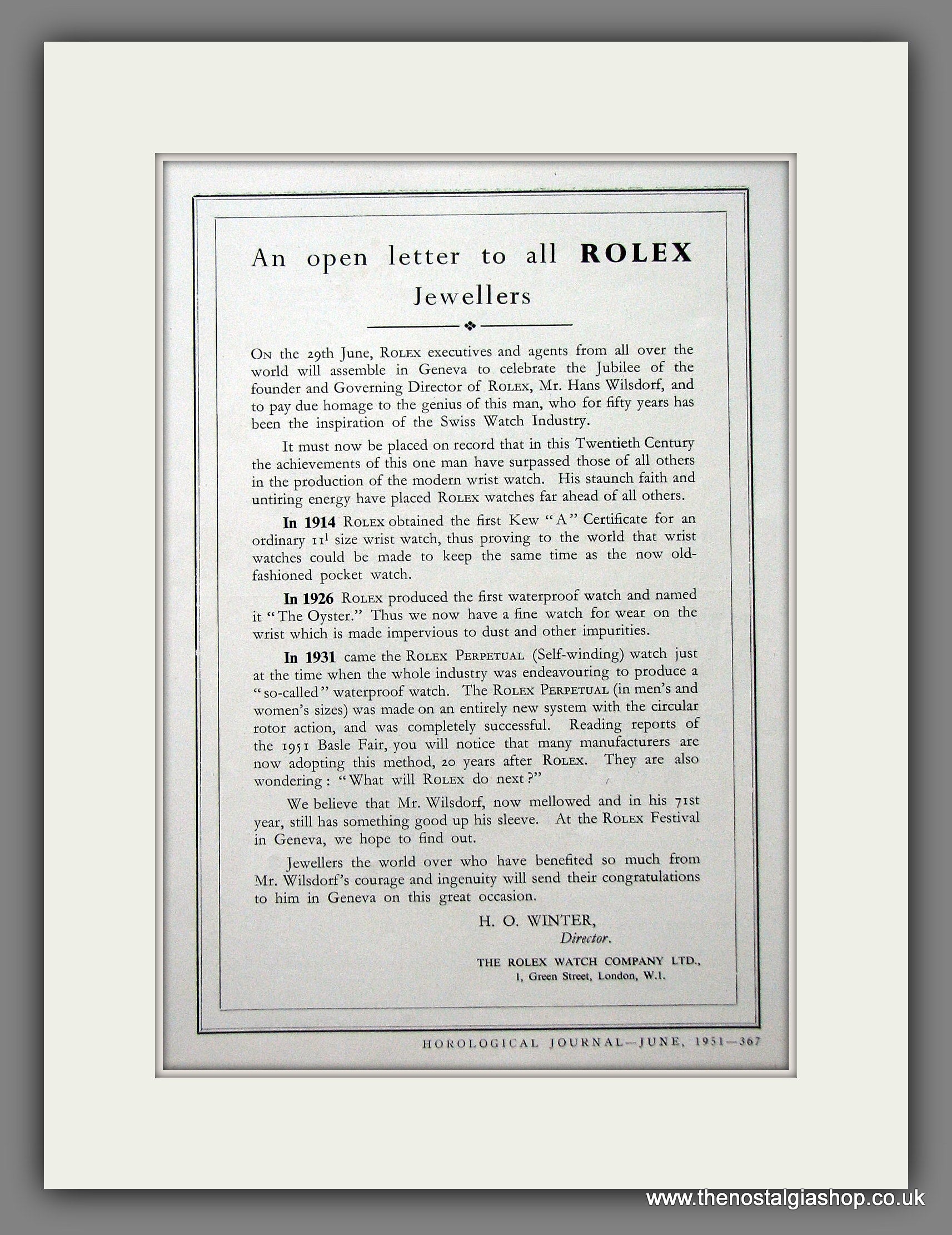 Rolex Letter to all Jewellers. Original Advert 1951 (ref AD56463) – The ...