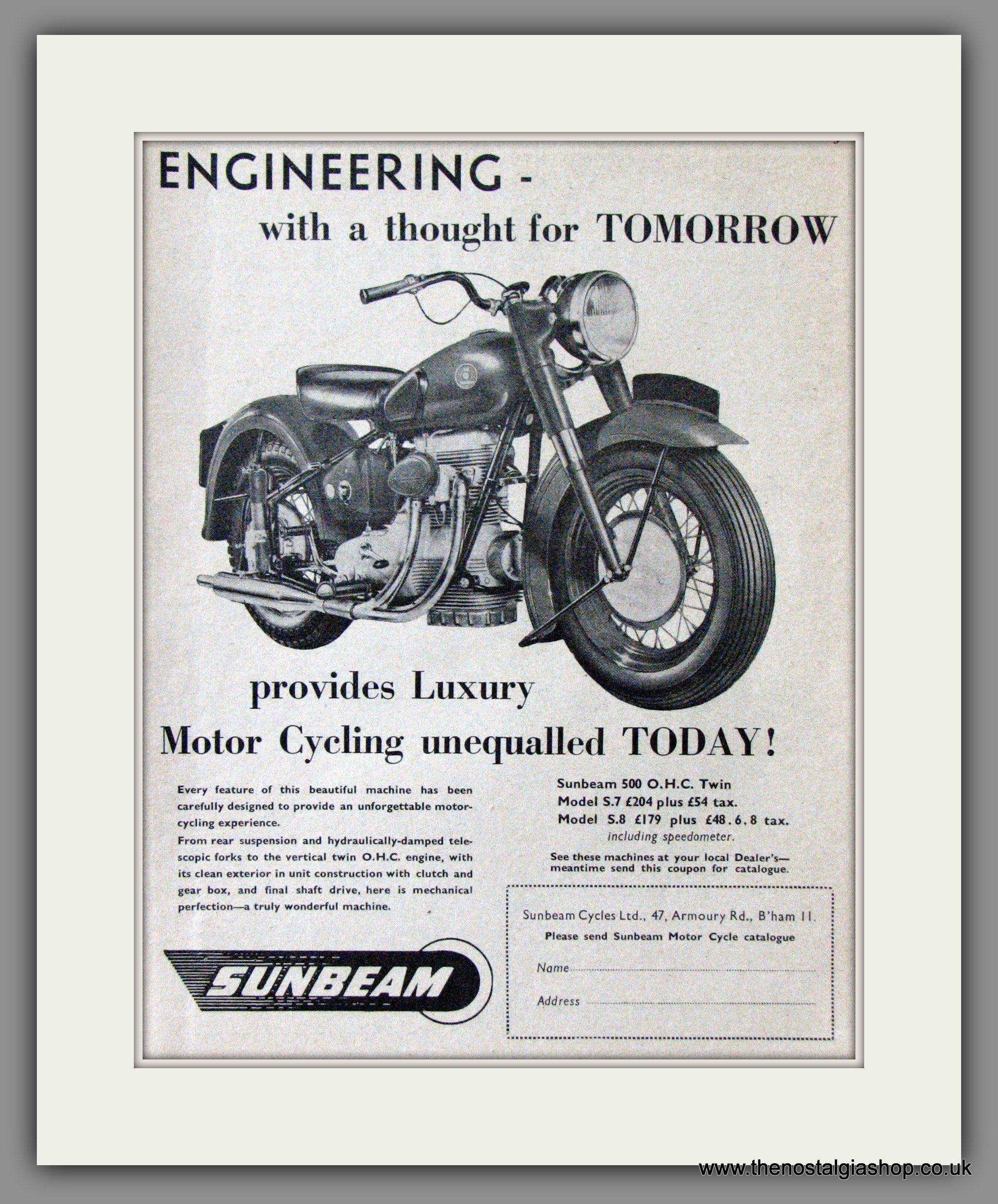 Sunbeam 500 O.H.C. Model S8 Motorcycle. 1950 Original Advert. (ref AD5 ...