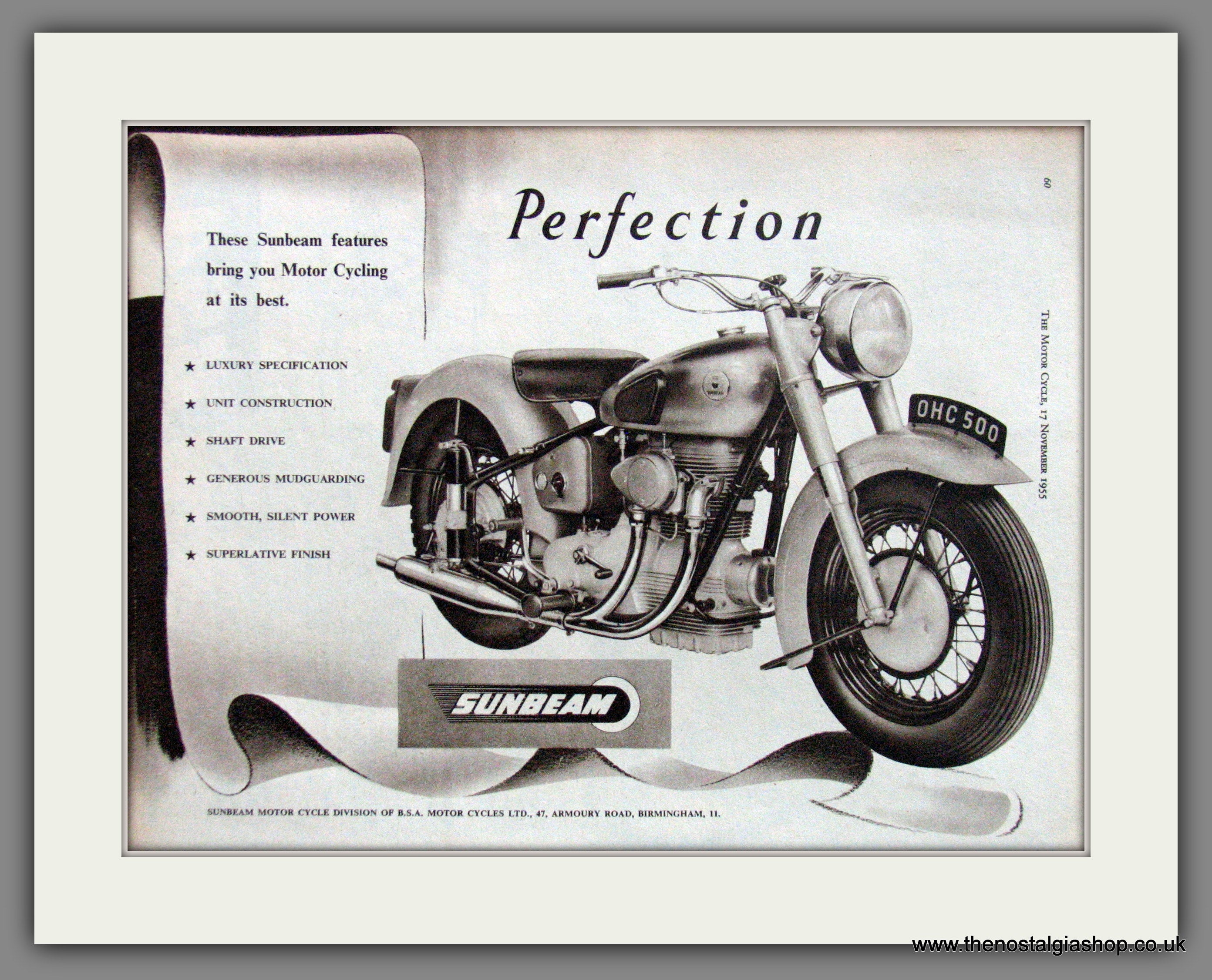 Sunbeam 500 O.H.C. Motorcycle. 1955 Original Advert. (ref AD52229 ...