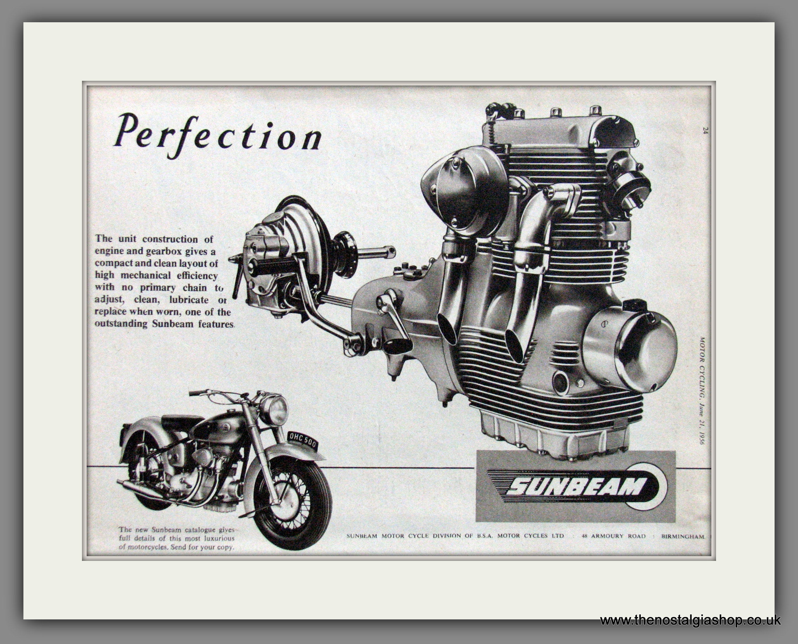 Sunbeam 500 O.H.C. Motorcycle. 1956 Original Advert. (ref AD52231 ...