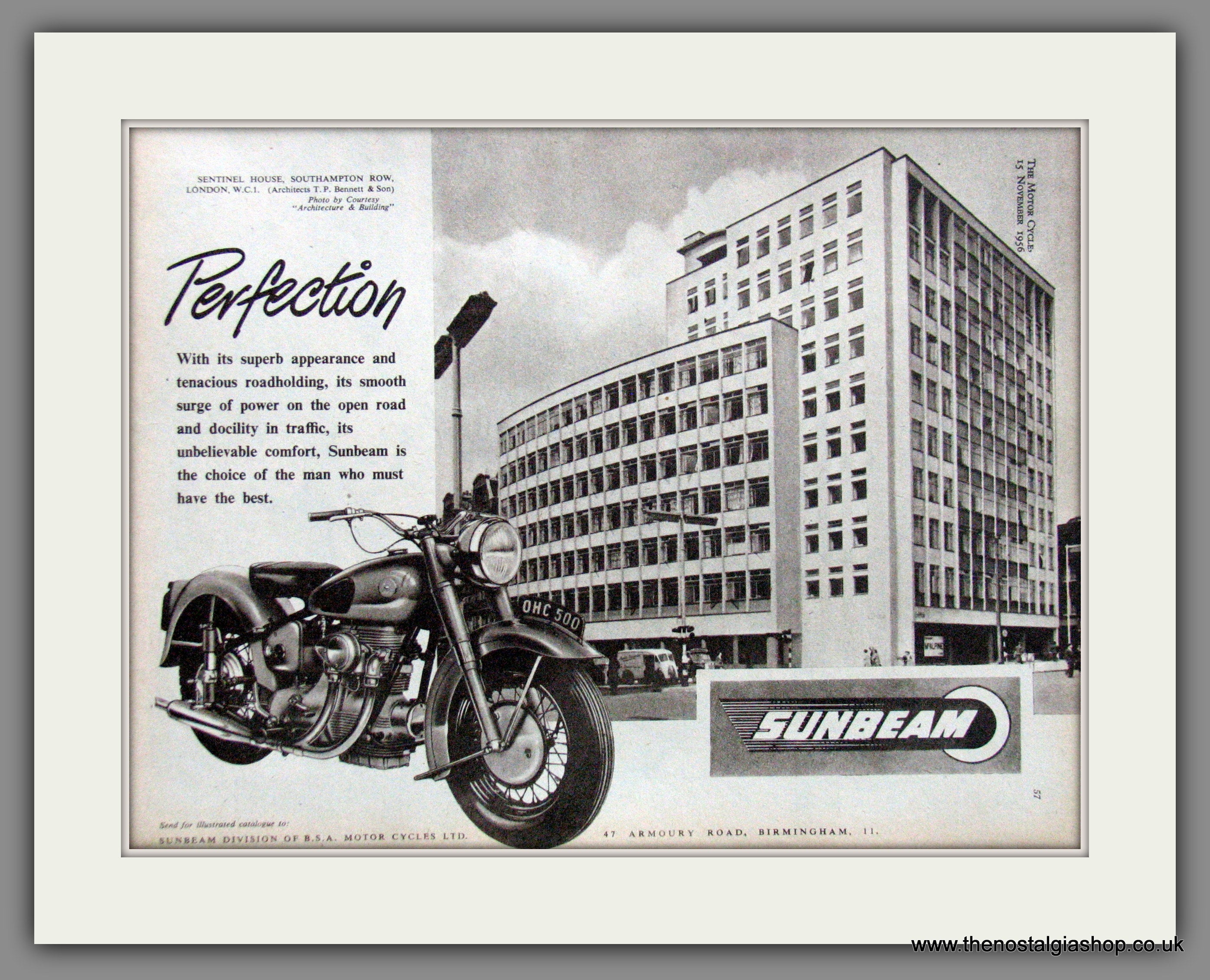Sunbeam 500 O.H.C. Motorcycle. 1956 Original Advert. (ref AD52232 ...