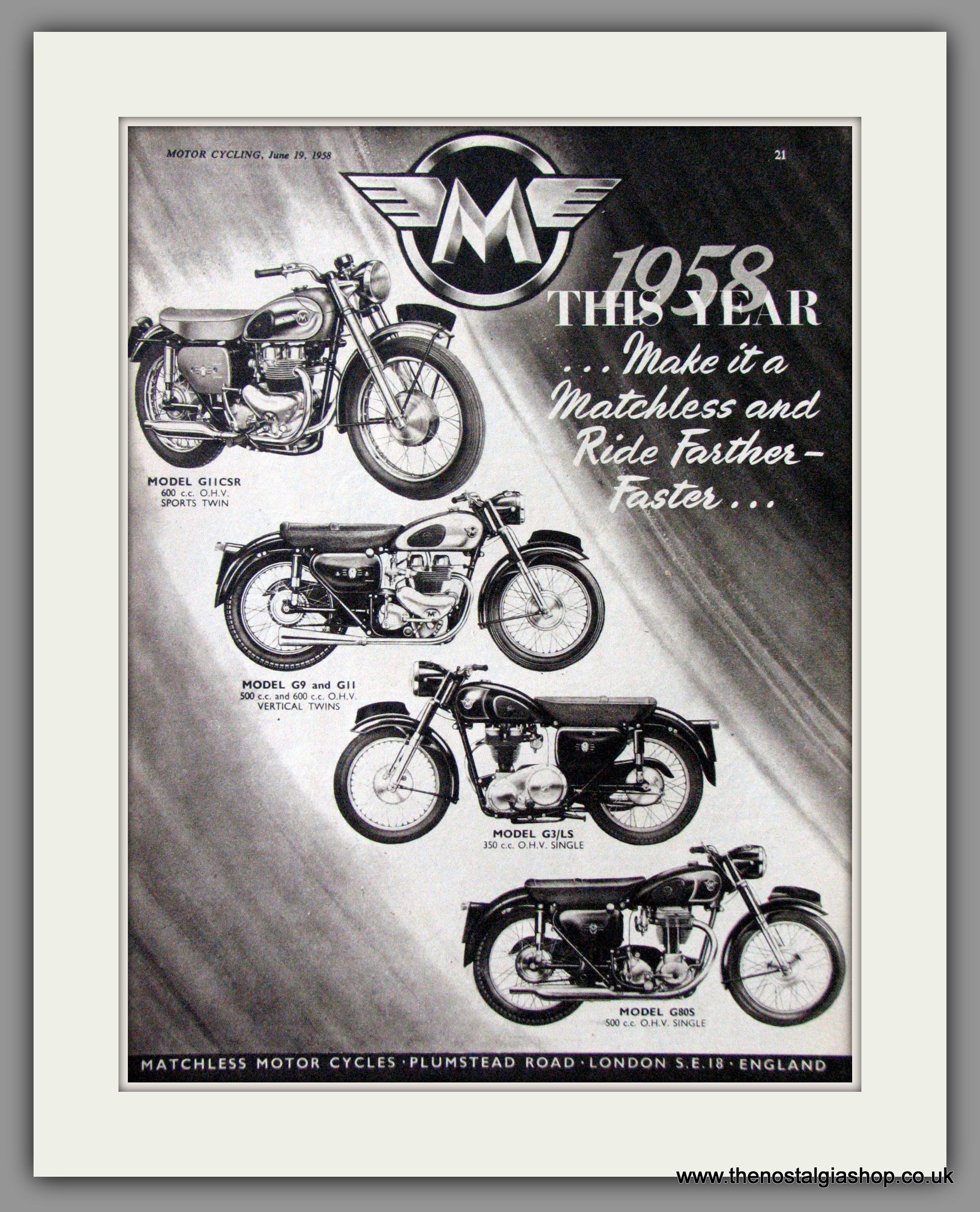 Matchless Motorcycles. Range, G11 CSR, G9, G3, G80S 1958 Original Adve ...