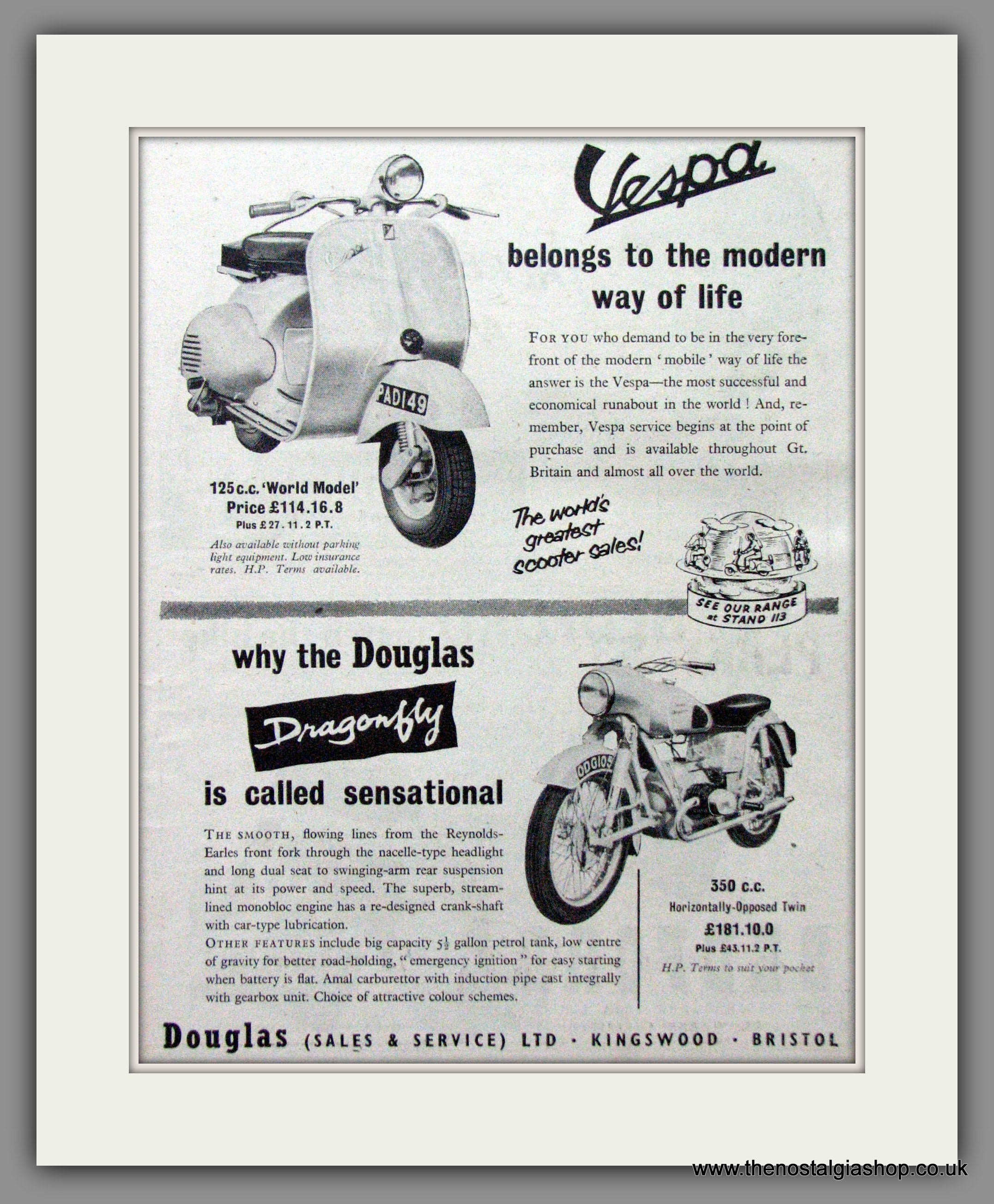 Vespa 125cc and Douglass Dragonfly. Original advert 1955 (ref AD52484 ...